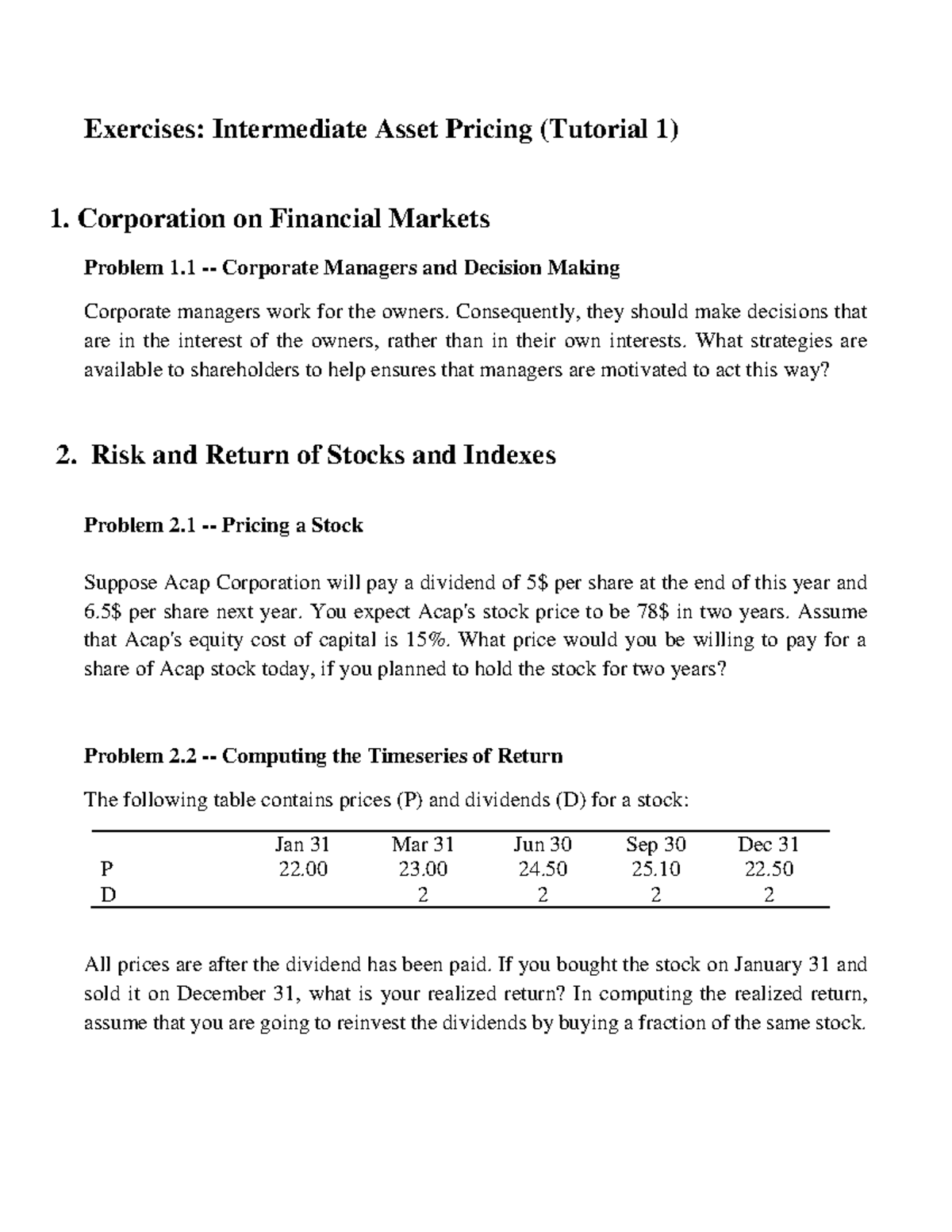 Exercises Tutorial 1 - Exercises: Intermediate Asset Pricing (Tutorial ...