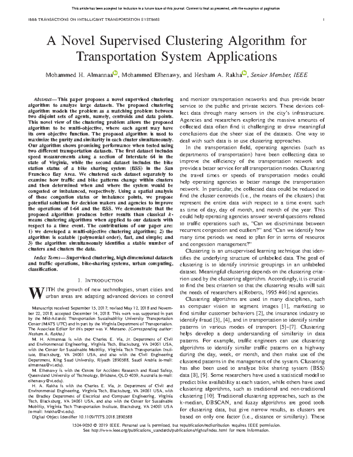 A Novel Supervised Clustering Algorithm For Transportation System