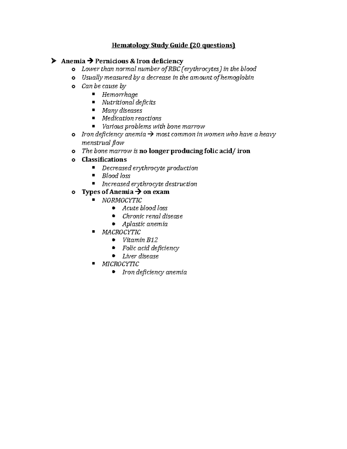Leukemia study guide - Hematology Study Guide (20 questions) Anemia ...