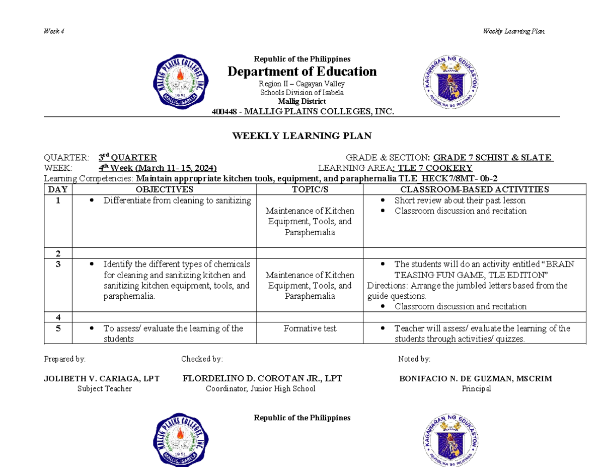 WEEK 4 - Weekly Learning Plan - Republic of the Philippines Department ...