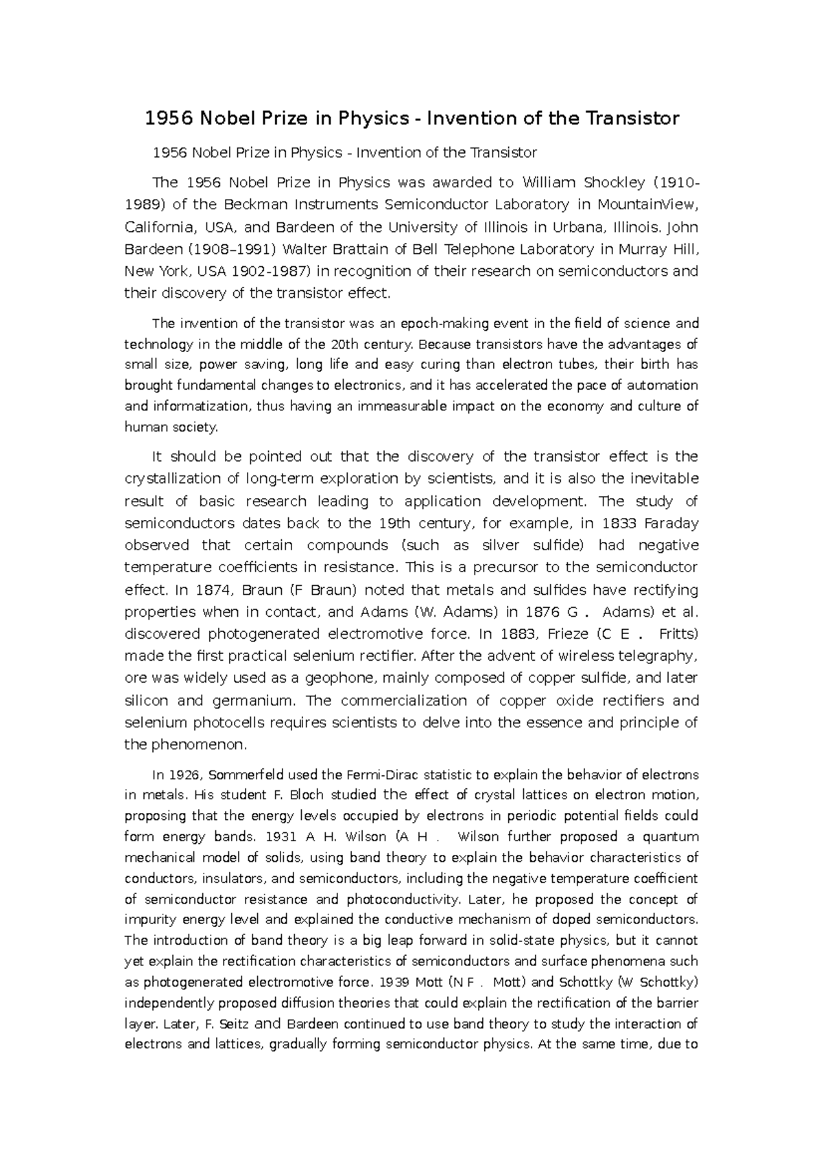 1956 Nobel Prize in Physics - Invention of the Transistor - John Bardeen (1908–1991) Walter ...