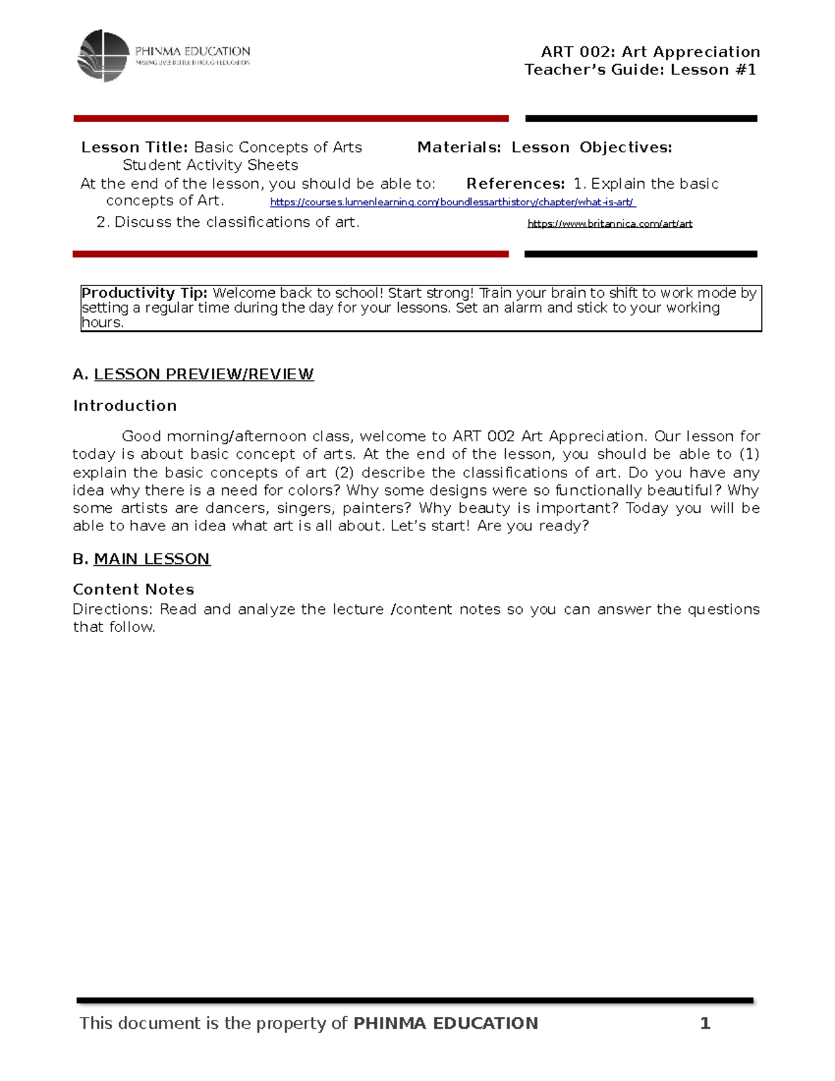 ART 002- Lesson 1 TG q copy copy - Teacher’s Guide: Lesson Lesson Title ...