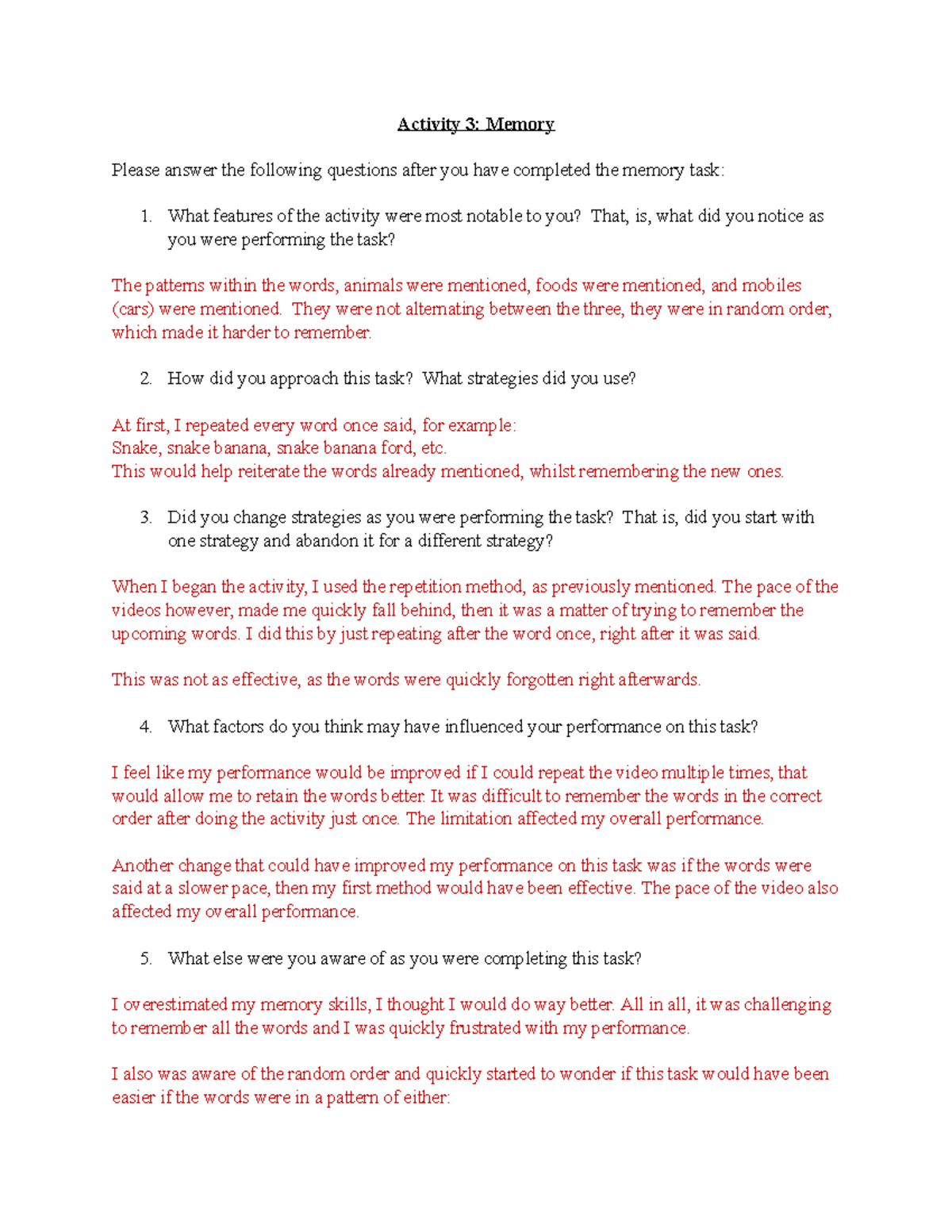 Activity 3 - Memory activity - Activity 3: Memory Please answer the ...