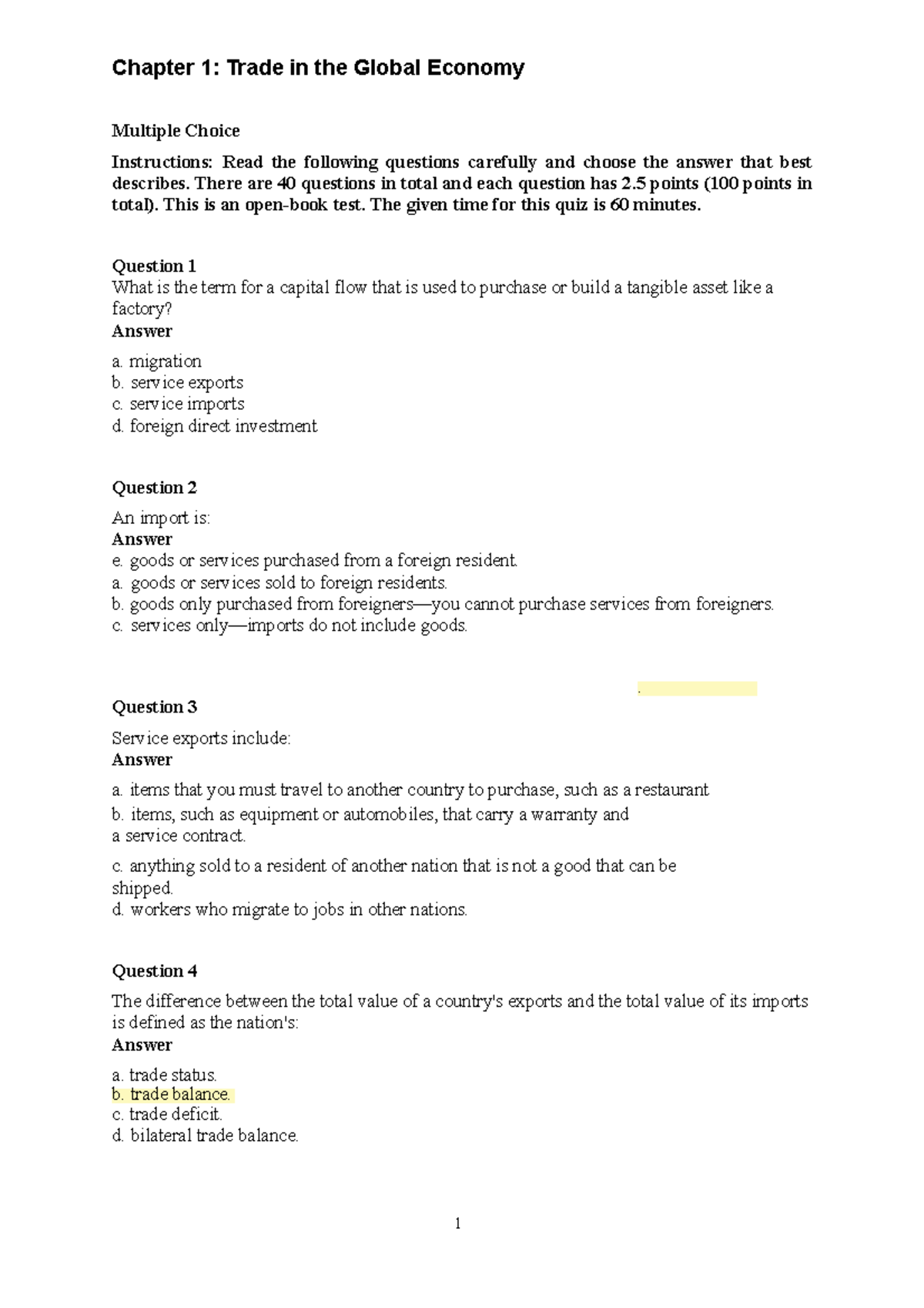 QUIZ-1 - Chapter 1: Trade in the Global Economy 1 Multiple Choice ...