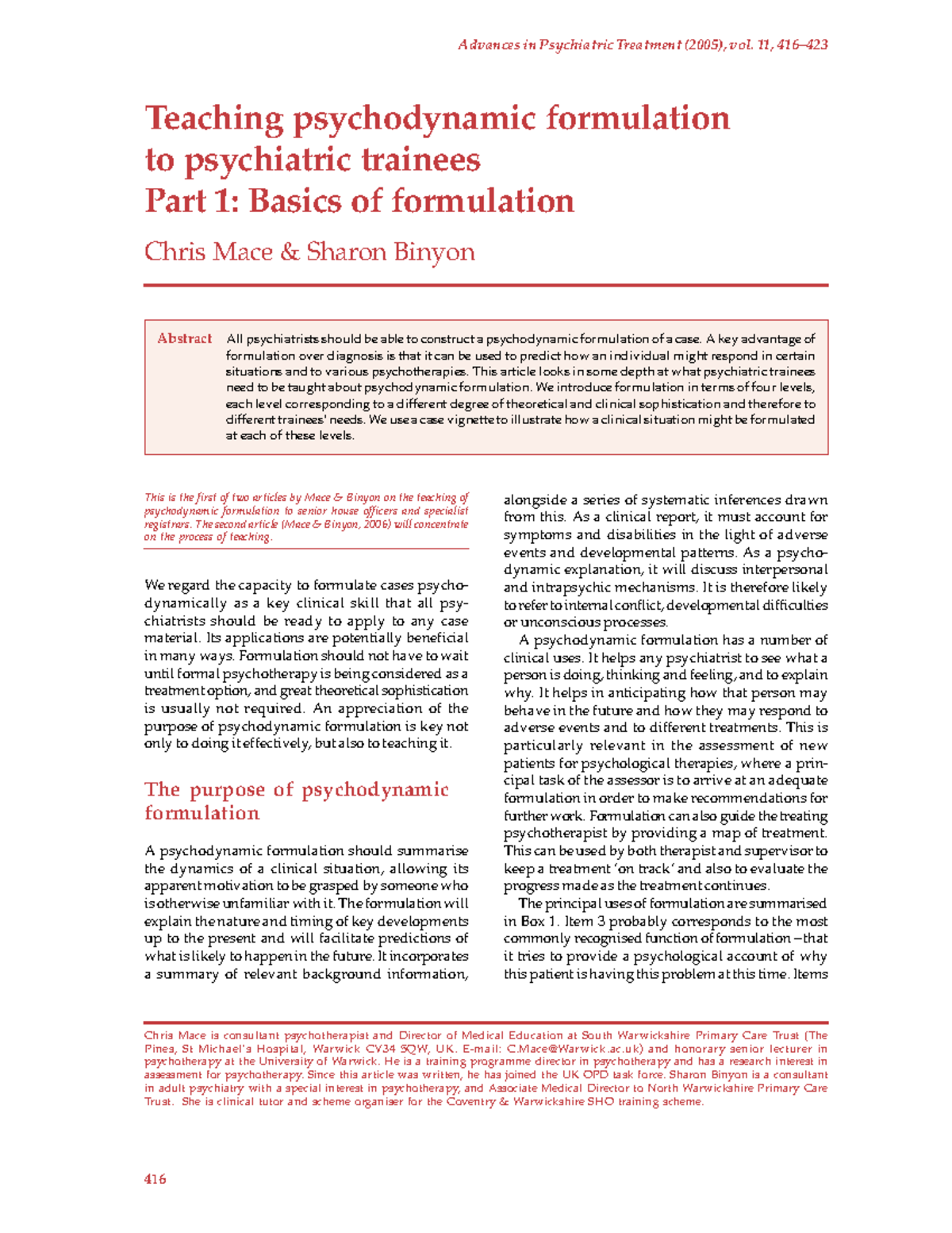 Teaching psychodynamic formulation - Mace & Binyon Advances in ...