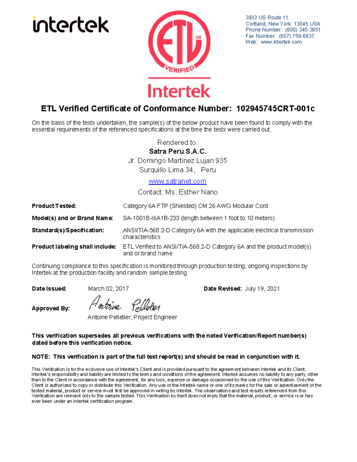 Certificacion ETL Plug MPTL Cat6A - 3933 US Route 11 Cortland, New York ...
