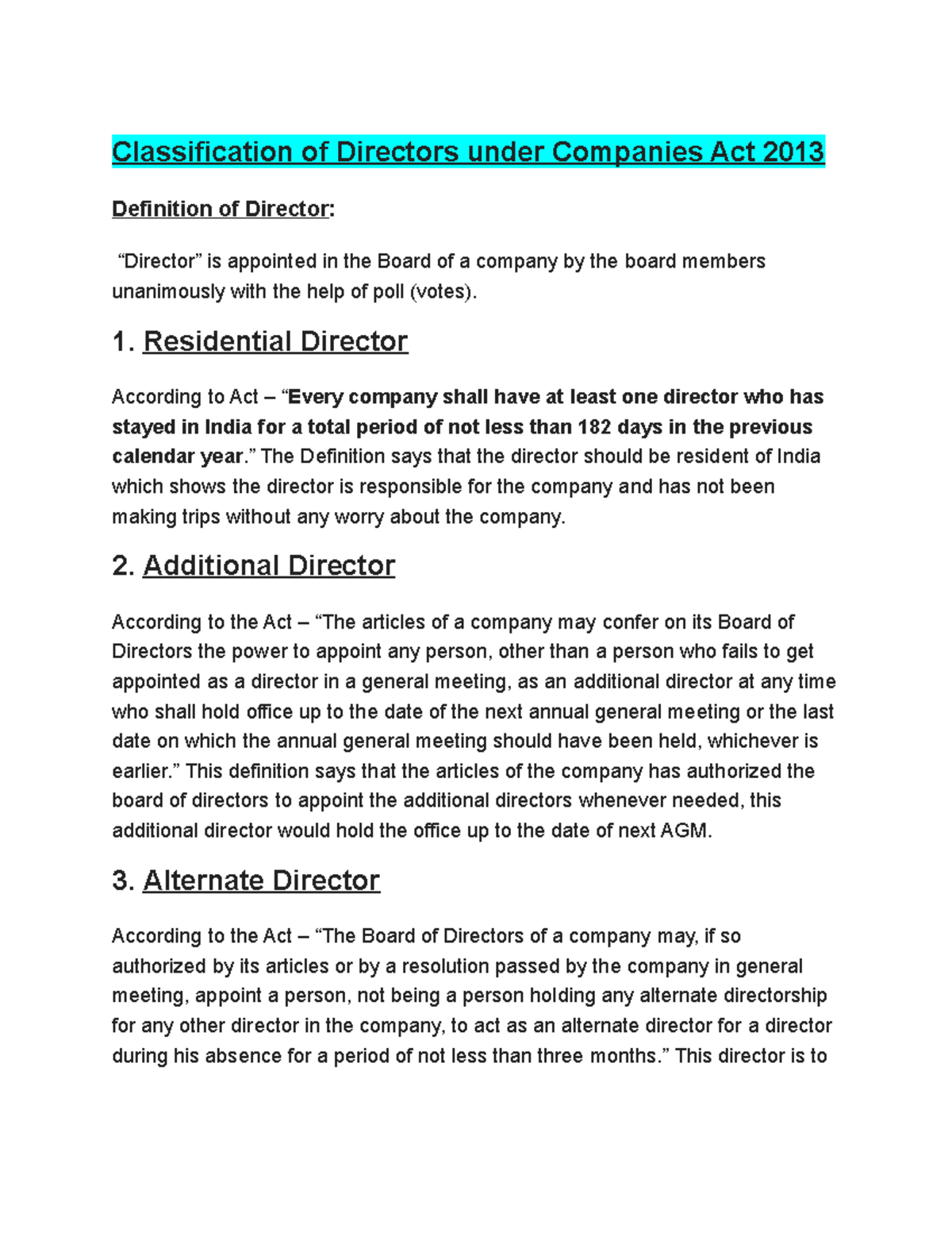 Classification of Directors under Companies Act 2013 - 1. Residential ...