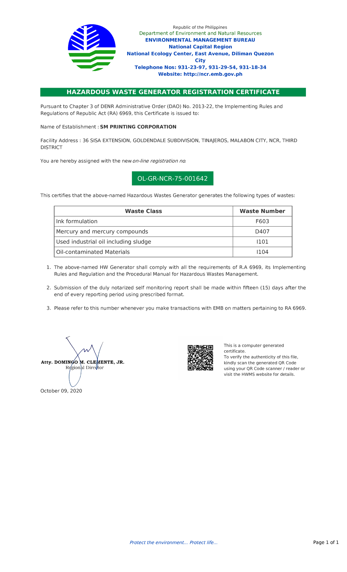 Hazardous Waste Identification on an Establishment - Republic of the ...