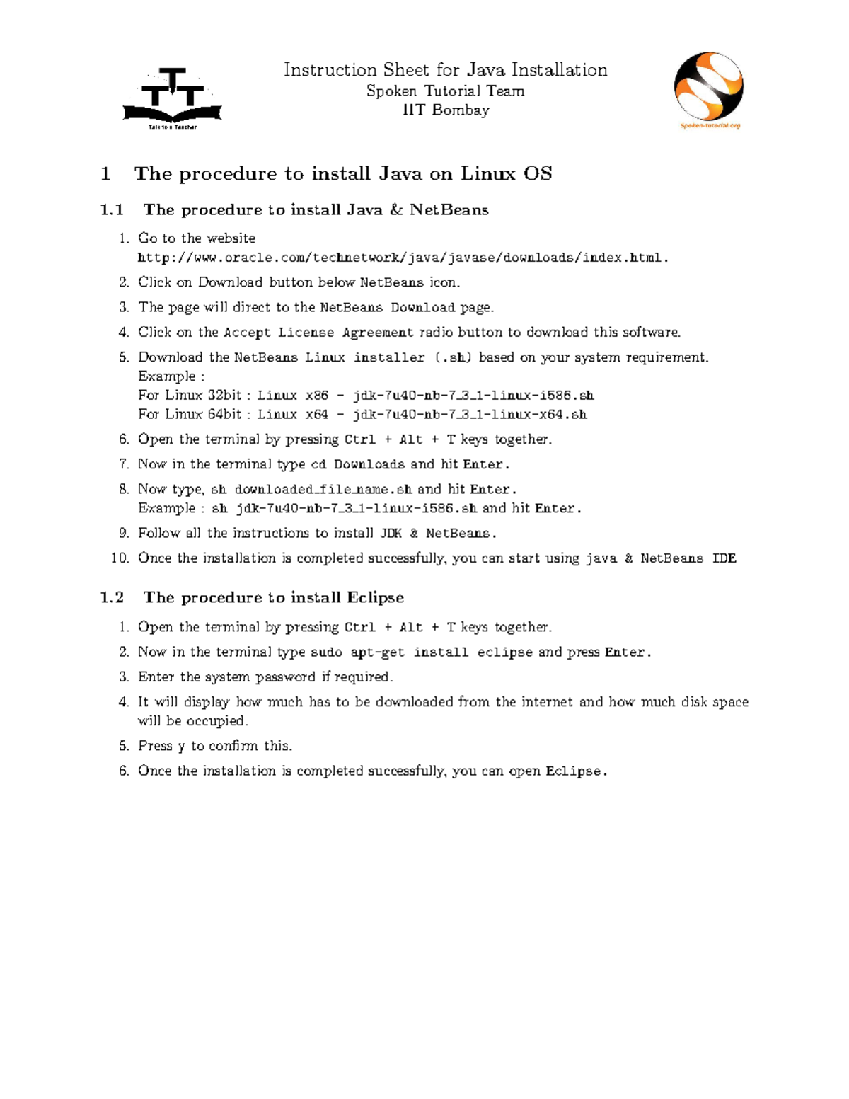 Java Installation Sheet English Instruction Sheet For Java Installation Spoken Tutorial Team