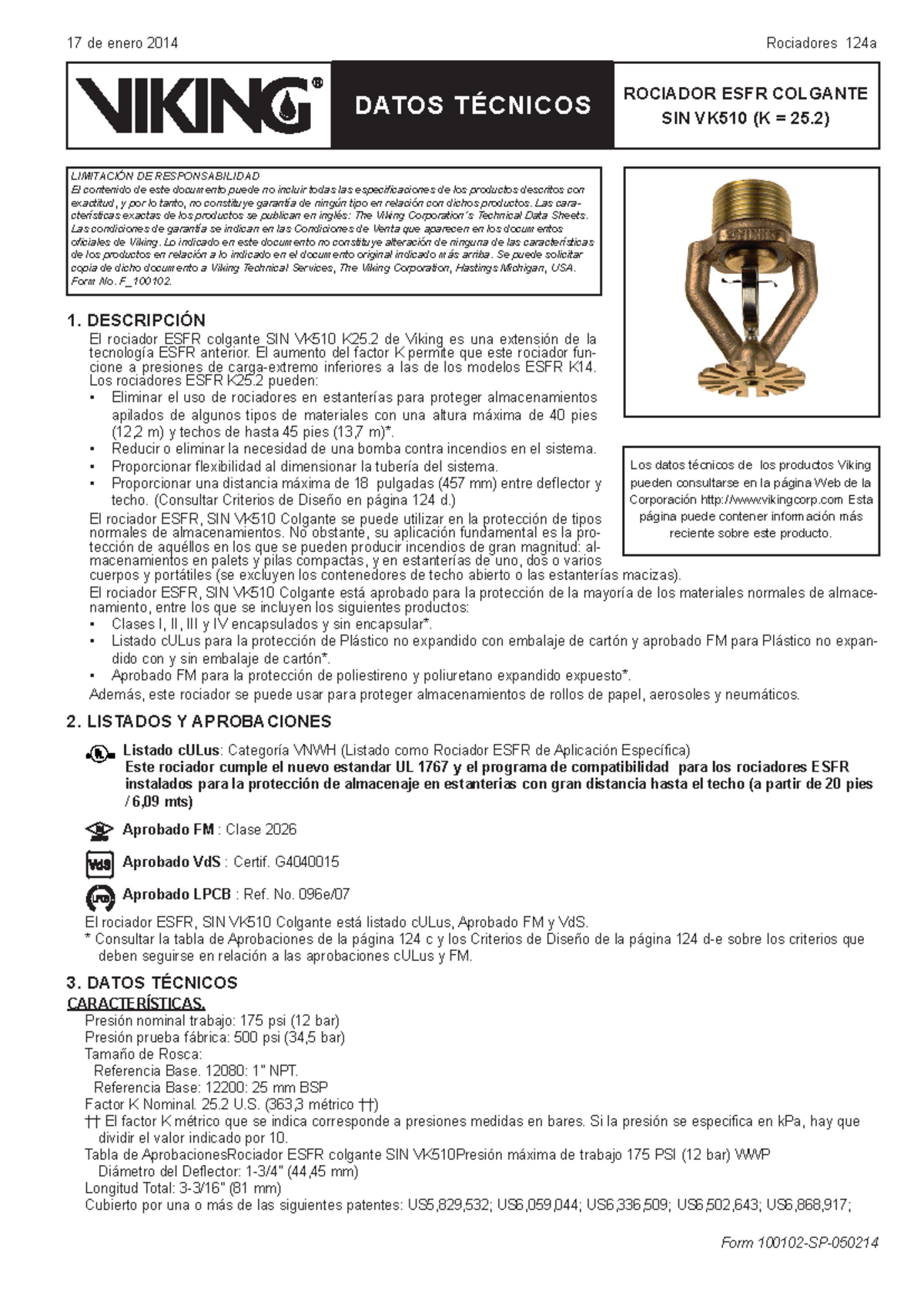 Sprinkler VK510 - Ficha Técnica - ROCIADOR ESFR COLGANTE SIN VK510 (K ...