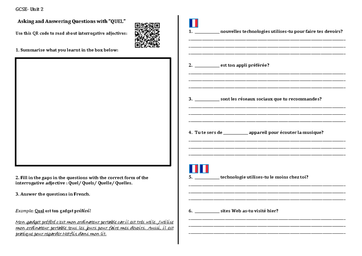 Homework- Worksheet - GCSE- Unit 2 Asking and Answering Questions with ...