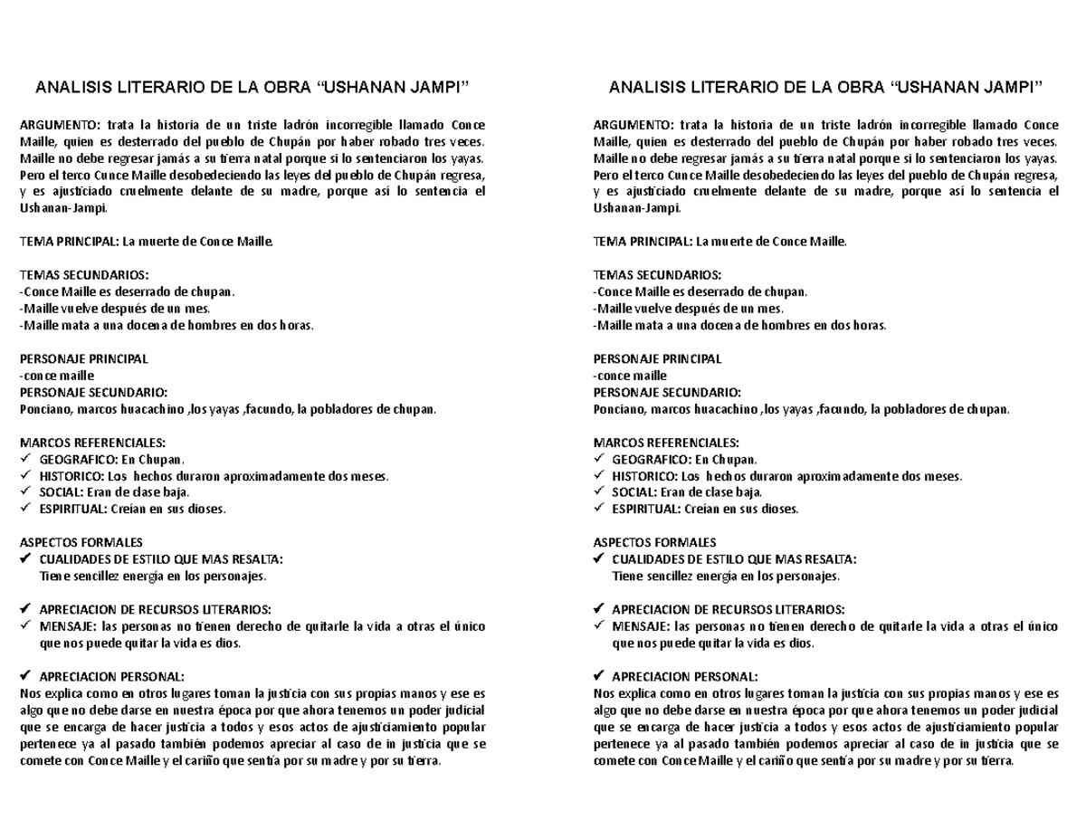 A Análisis Literario de Usahan Jampi - ANALISIS LITERARIO DE LA OBRA “USHANAN JAMPI” ARGUMENTO ...