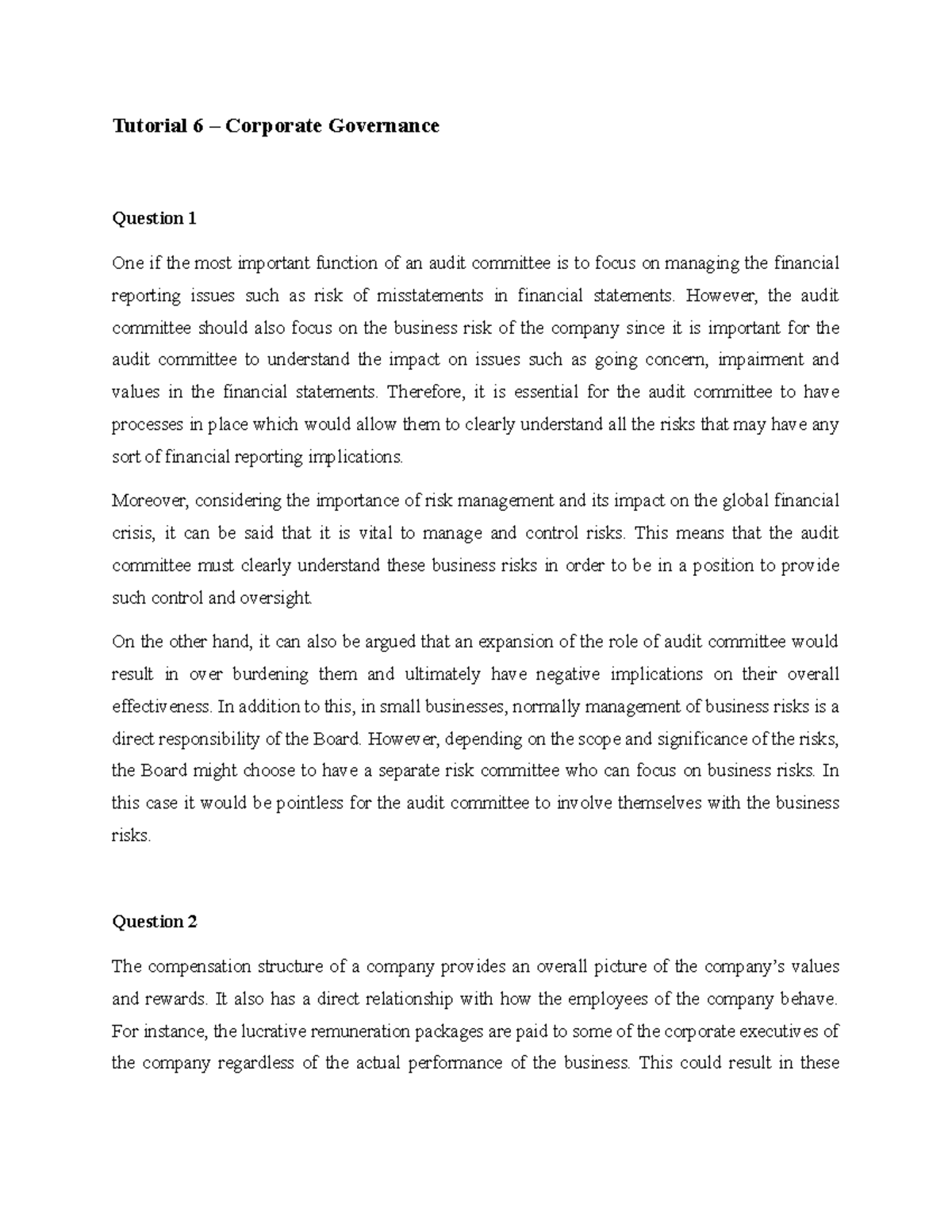 ACC235 Tutorial 6 - Tutorial 6 – Corporate Governance Question 1 One if ...
