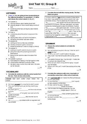 High Note 3 U1 Test A - sprawdzian - Unit Test 1 | Group A Name ...