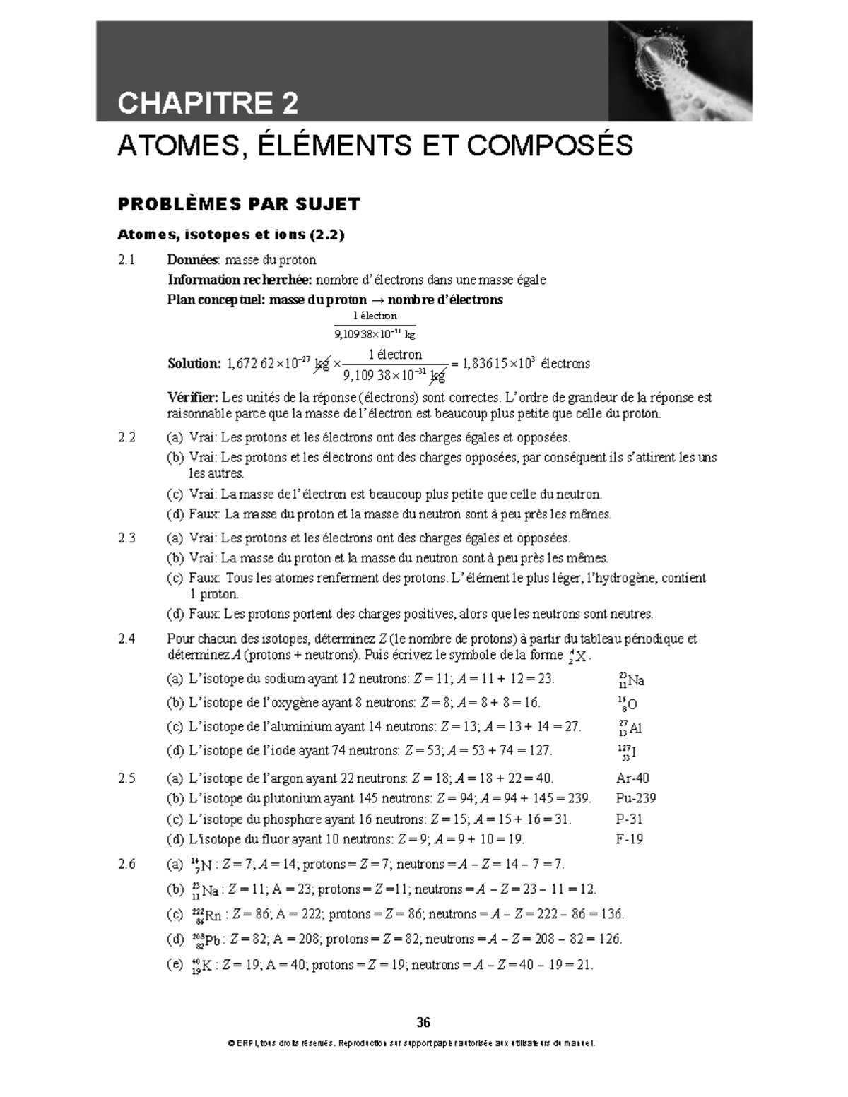 Tro chimie gen 2E ch02 solutionnaire - 36 CHAPITRE 2 ATOMES, ÉLÉMENTS ...