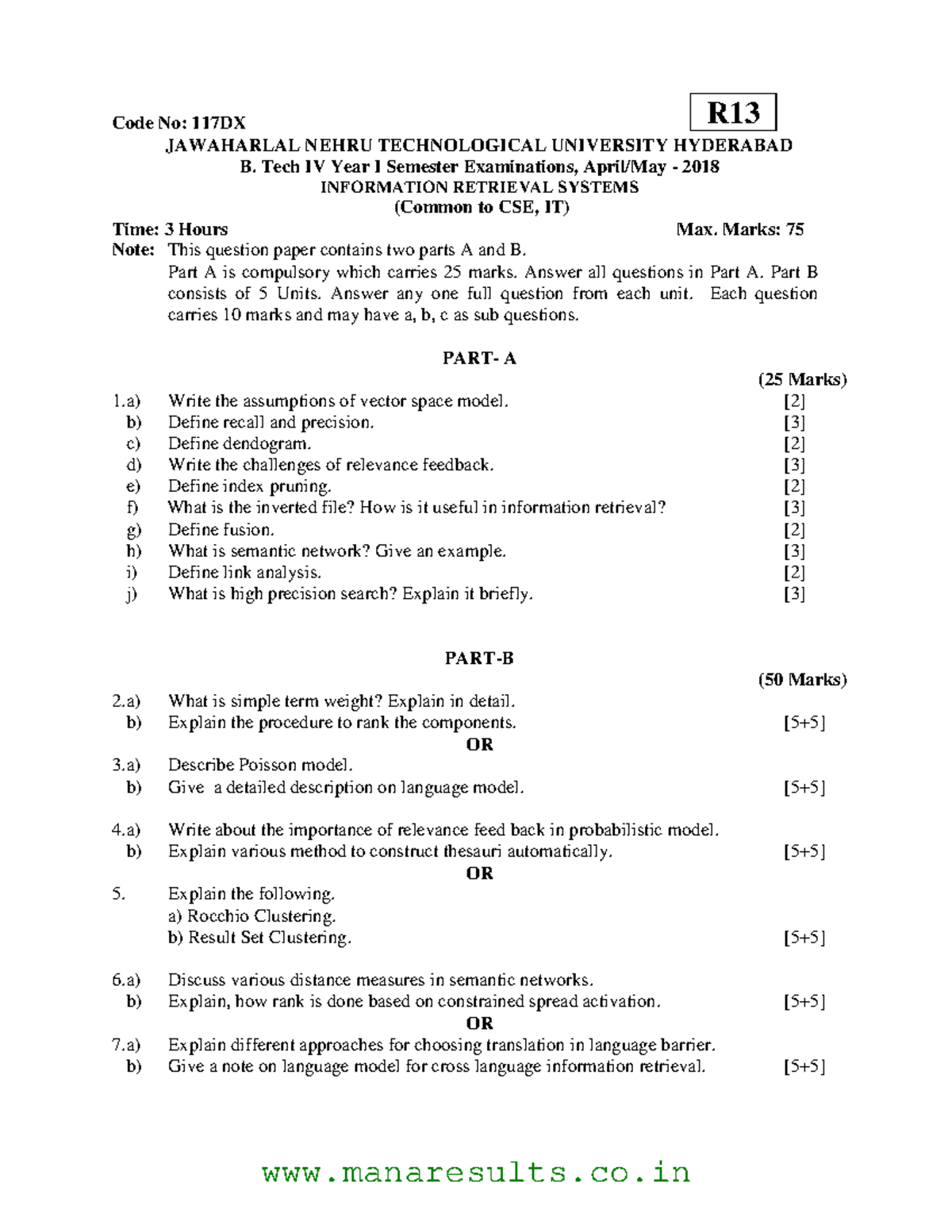 QP4-IR - information retrieval question paper - Code No: 117DX ...