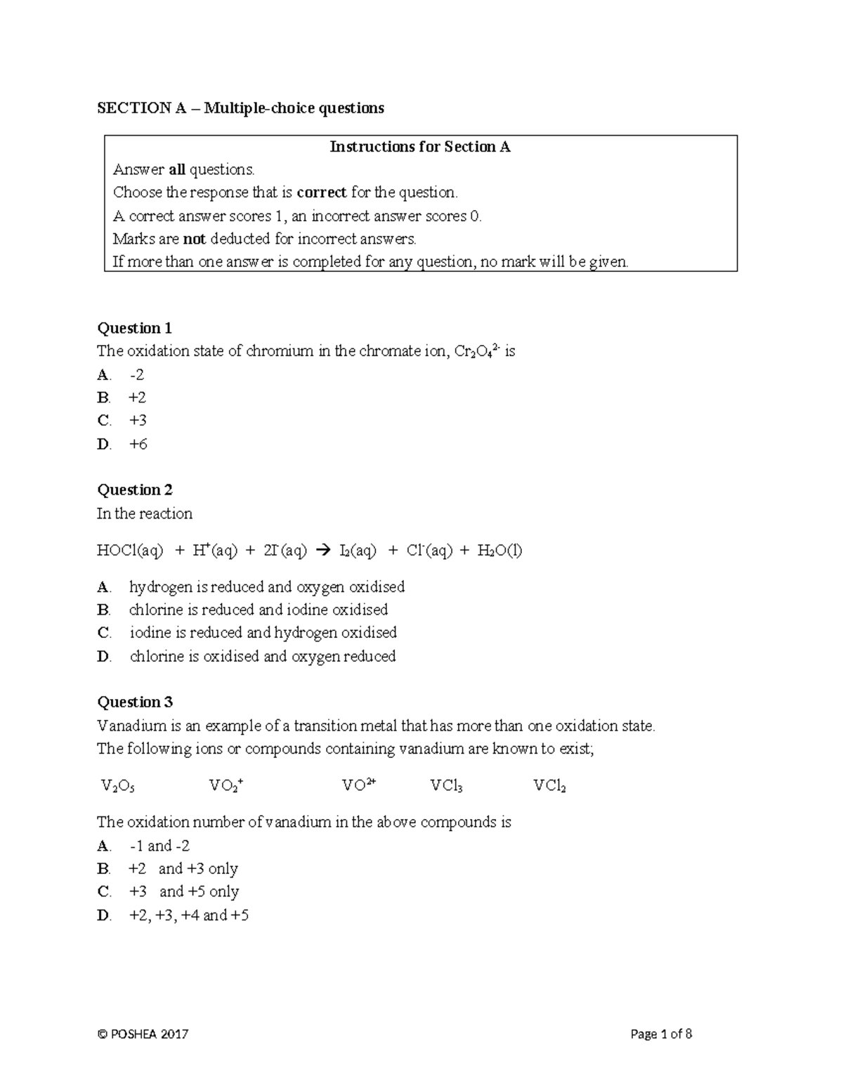Redox test unit 3 chemistry - SECTION A – Multiple-choice questions ...