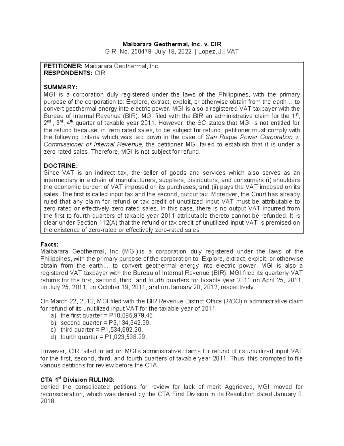 17. MGI v. CIR - Summary Taxation law - Maibarara Geothermal, Inc. v. CIR G. No. 250479| July 18 ...