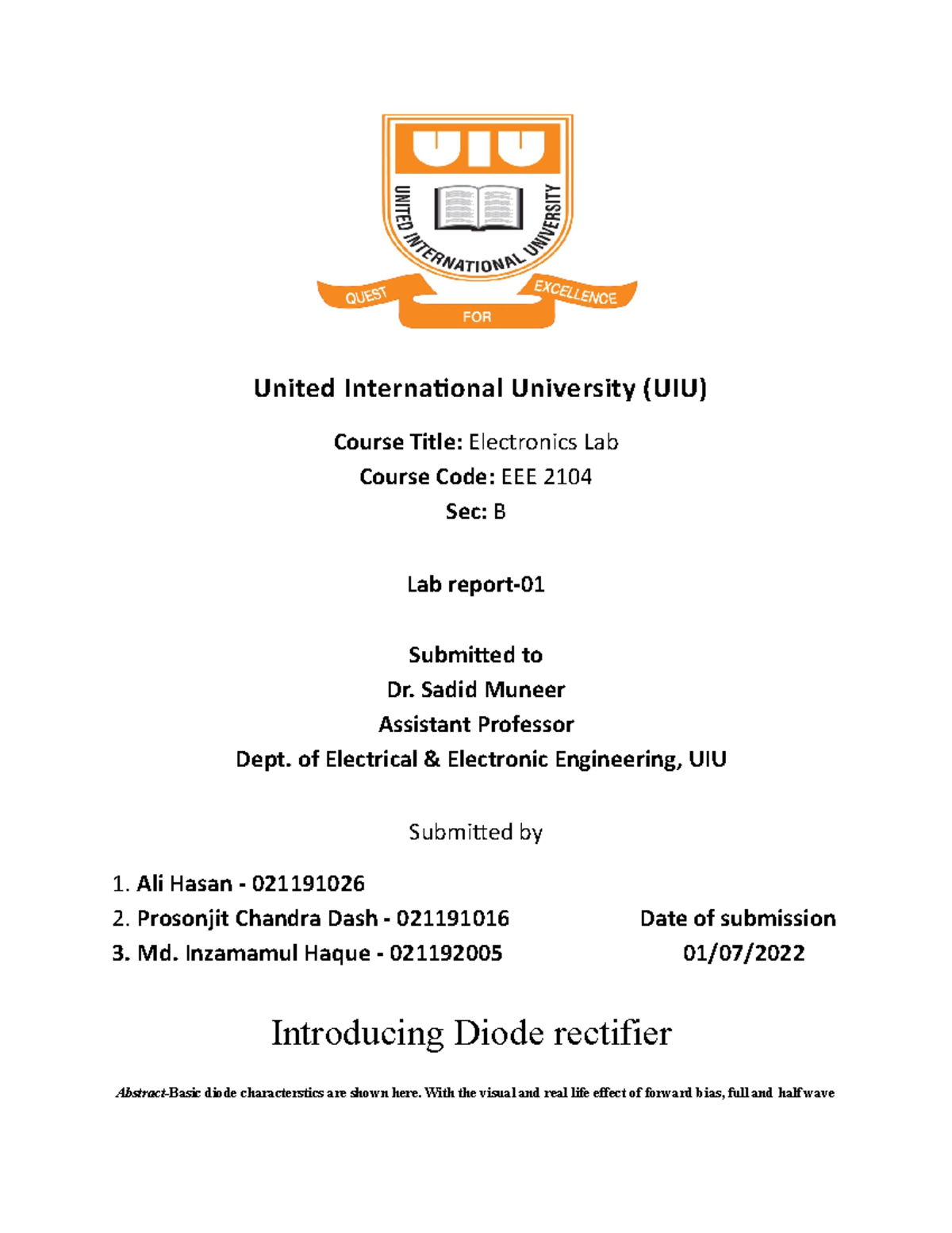 Electronics Lab sheet 1 - Course Title: Electronics Lab Course Code ...