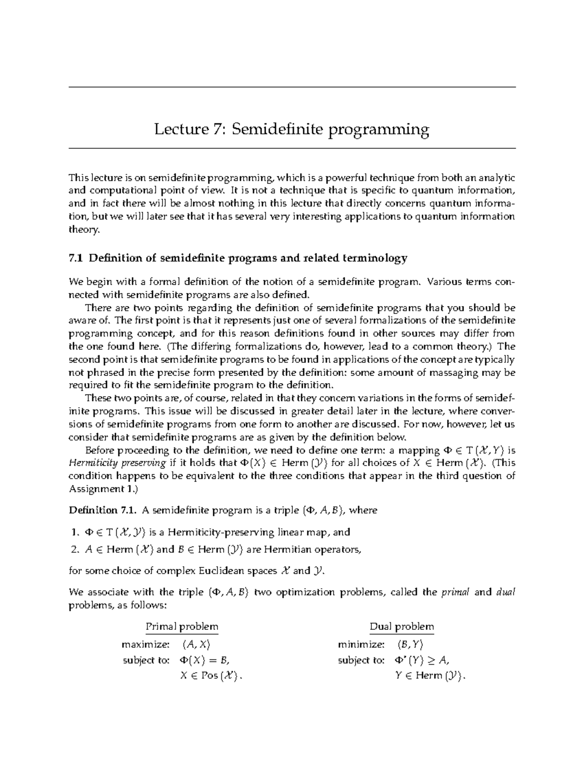 Lecture 7 Semidefinite Programming Cs 820 Theory Of Quantum 2430