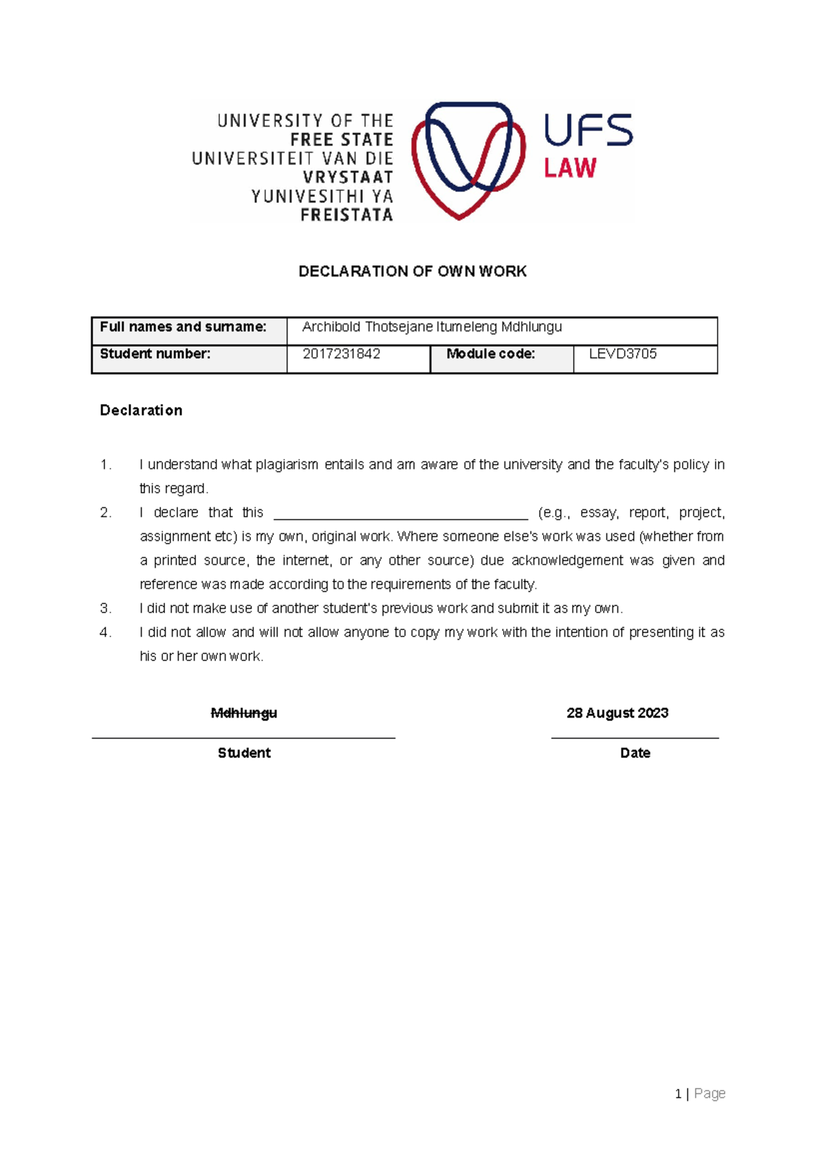 LEVD3705 Assignment 2 - DECLARATION OF OWN WORK Full names and surname ...