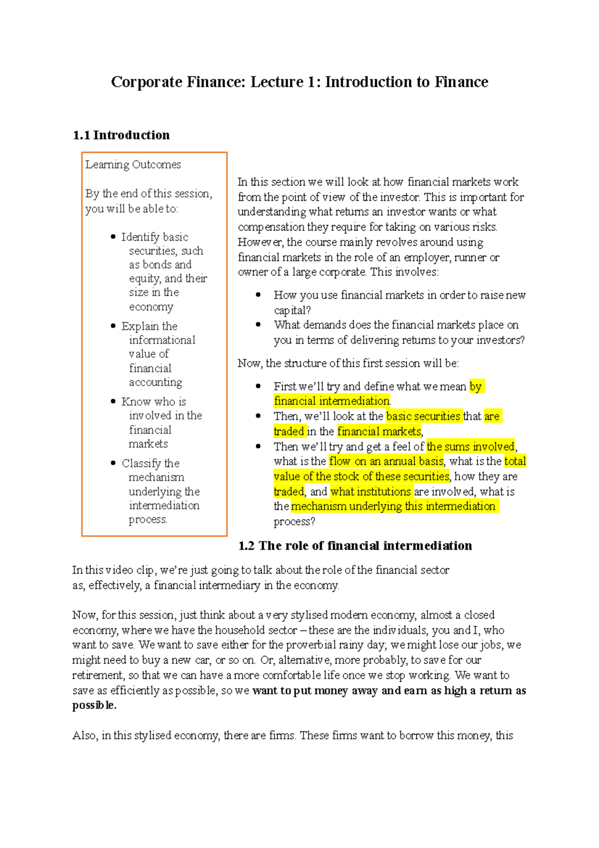Lecture 1-Introduction to Financial Markets - Corporate Finance ...