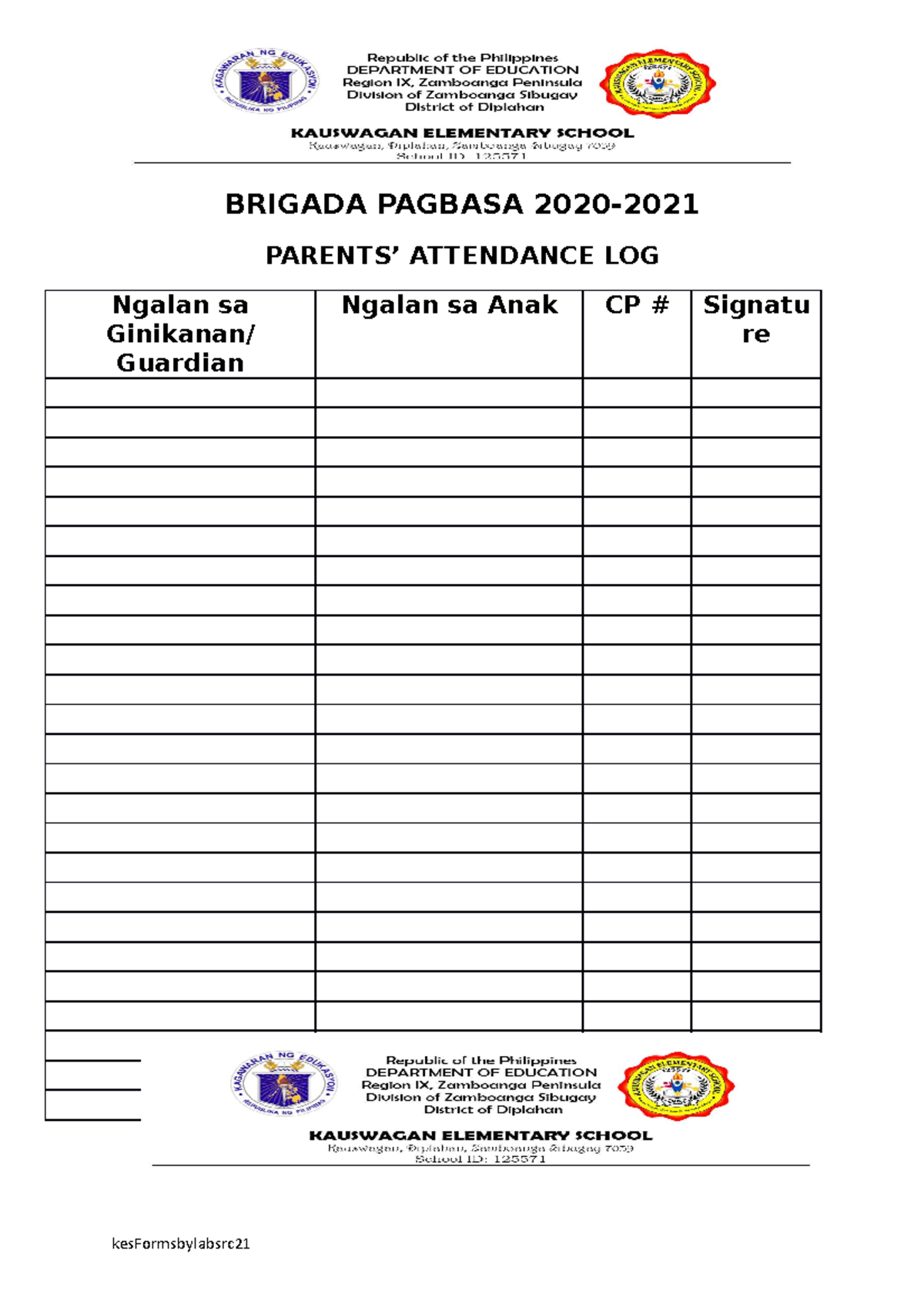 BRigada Pagbasa Forms - PARENTS’ ATTENDANCE LOG Ngalan sa Ginikanan ...