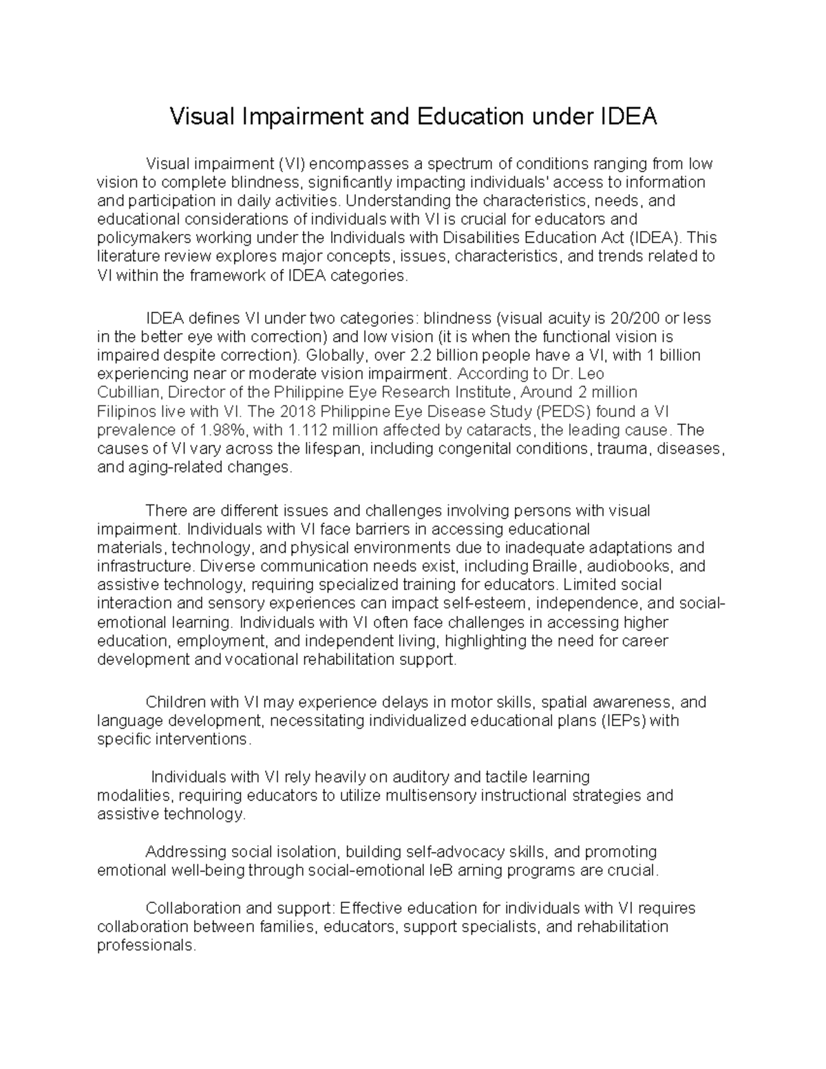 Visual Impairment and Education under IDEA - Understanding the ...