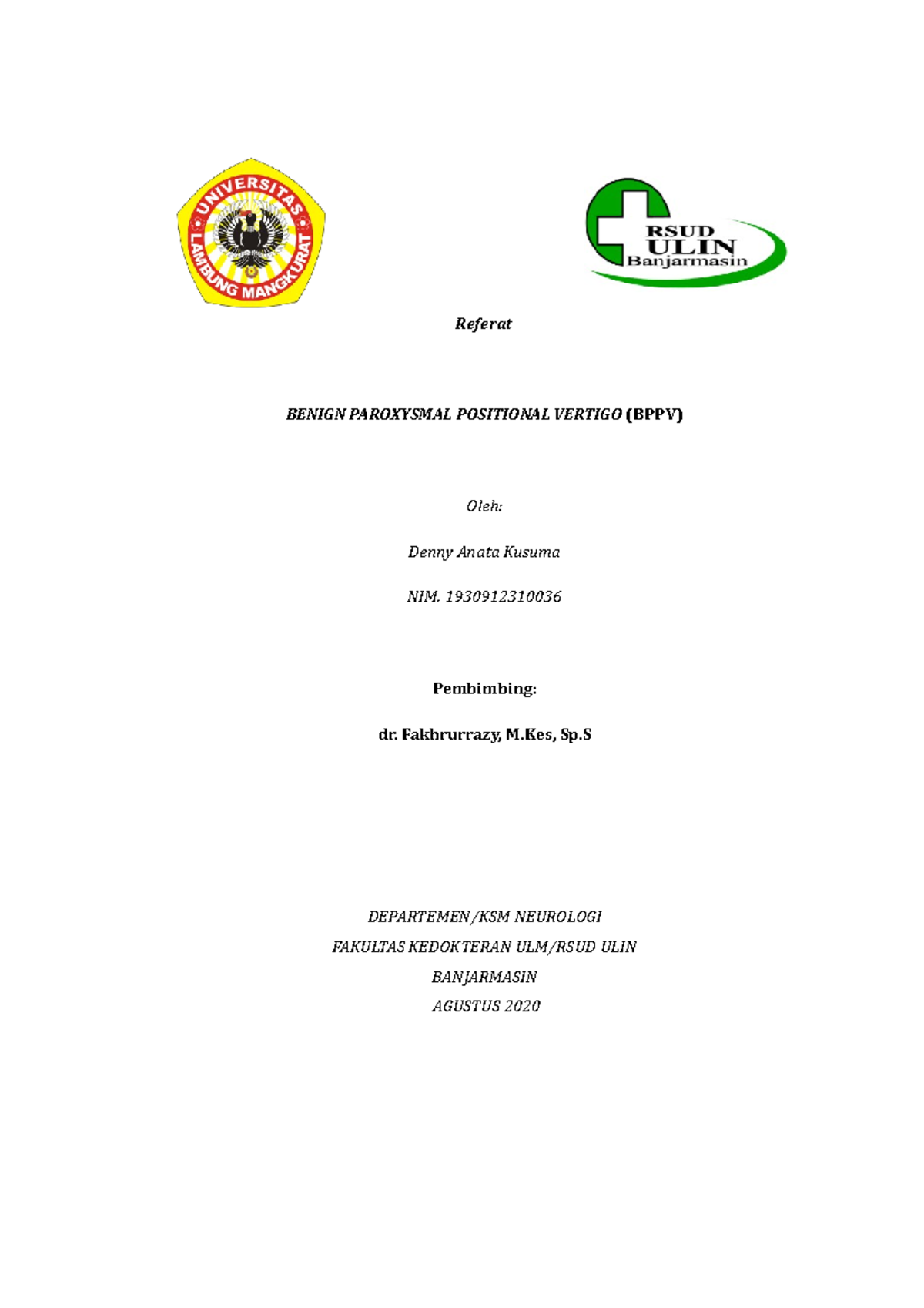 2) Denny Anata Kusuma (1930912310036)- BPPV - Referat BENIGN PAROXYSMAL ...