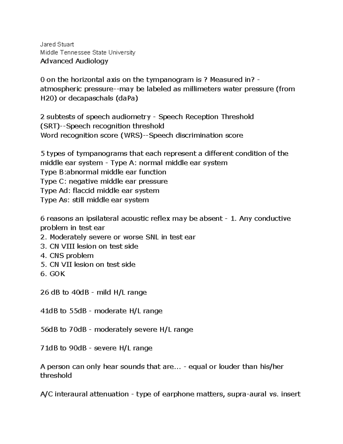 Advanced Audiology notes - Jared Stuart Middle Tennessee State ...