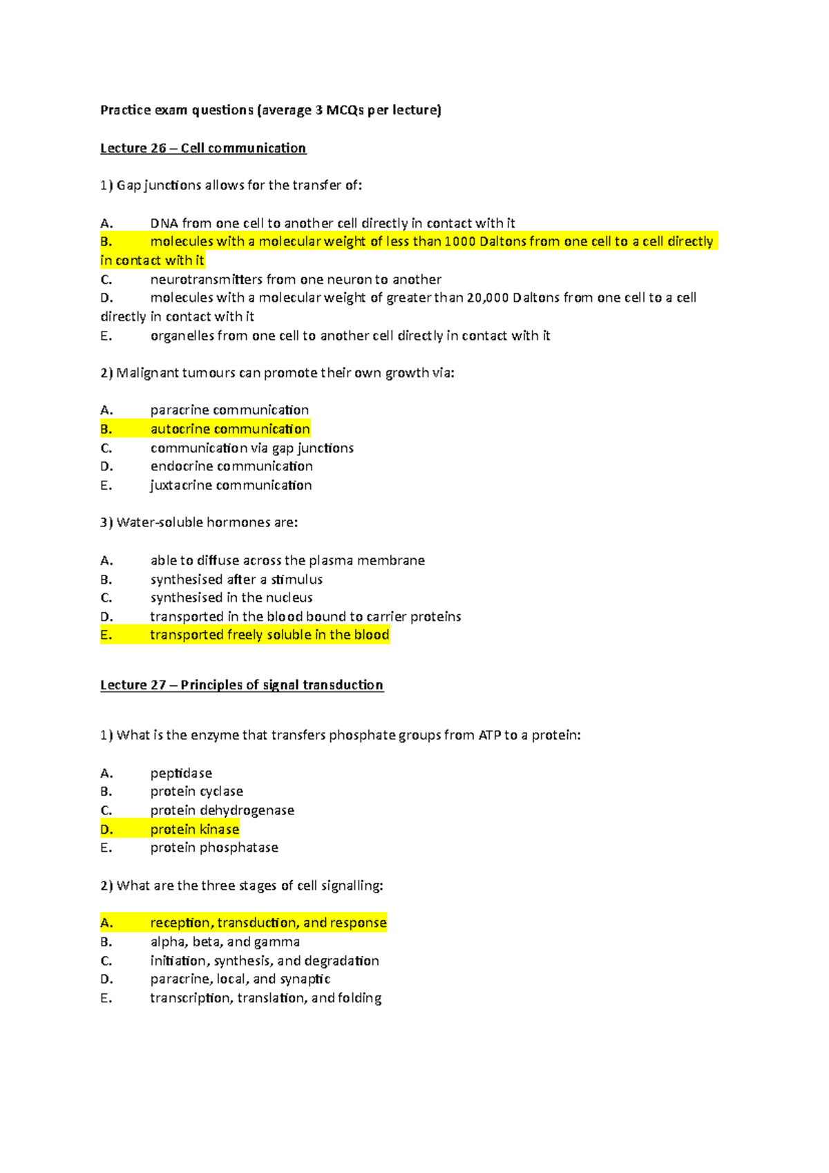 Practice Exam Questions - Cell Signalling w answers - Practice exam ...