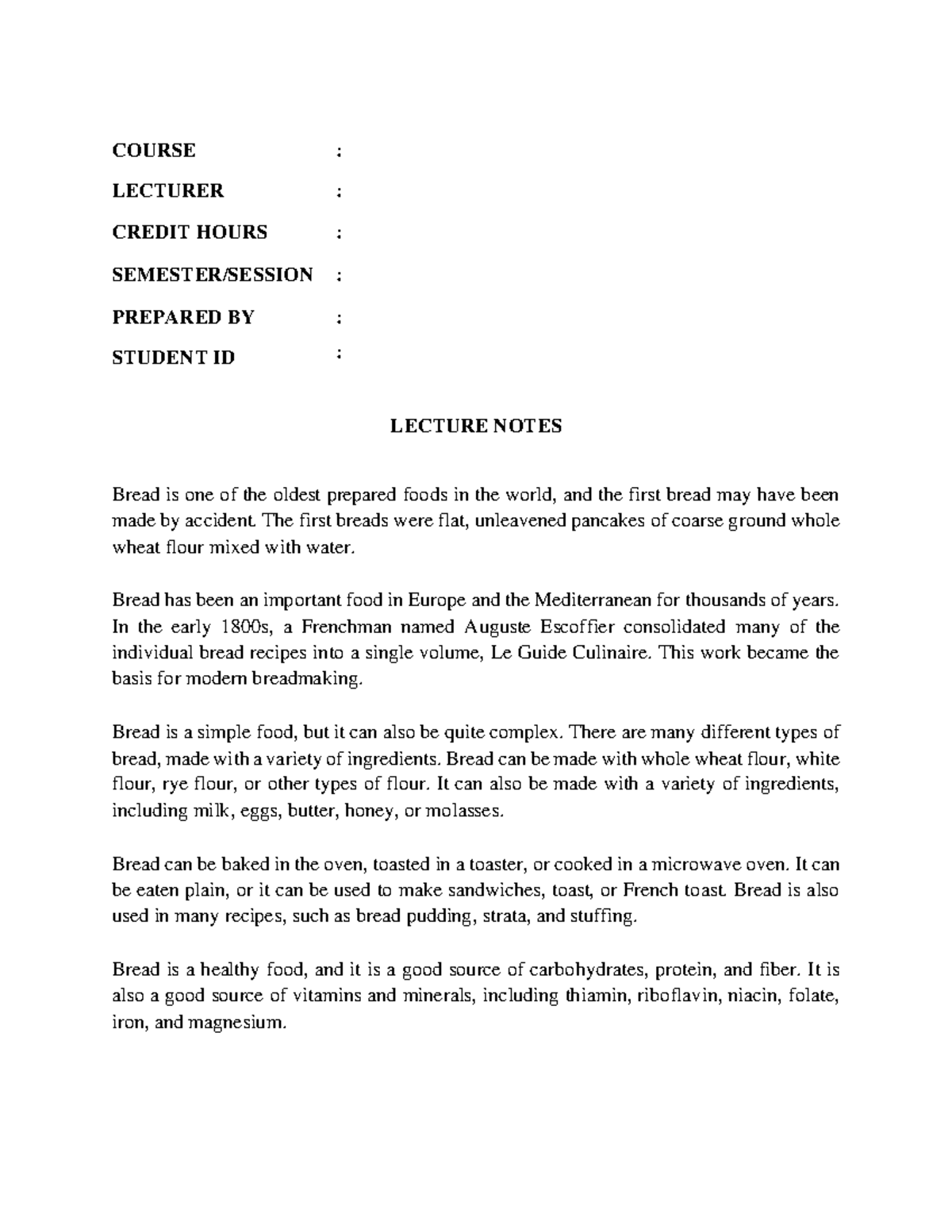 Bread Lecture Notes - COURSE : LECTURER : CREDIT HOURS : SEMESTER ...