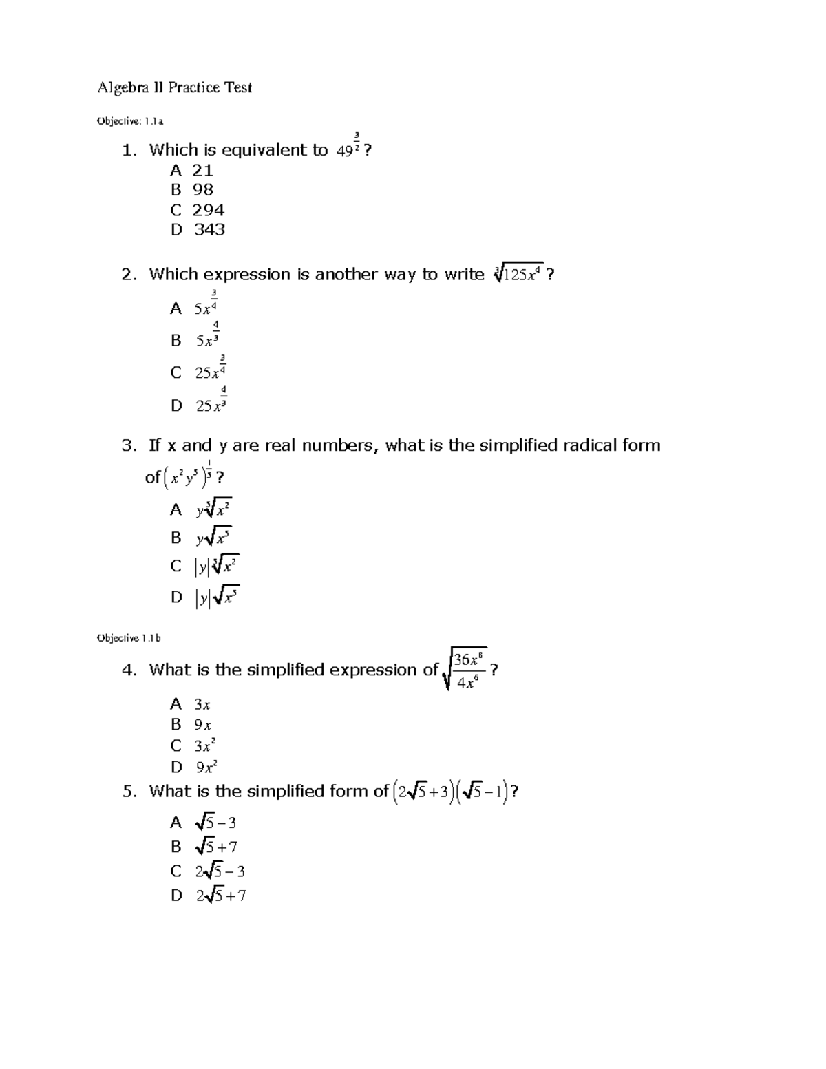 Algebra II Practice Test - Algebra II Practice Test Objective: 1 Which ...
