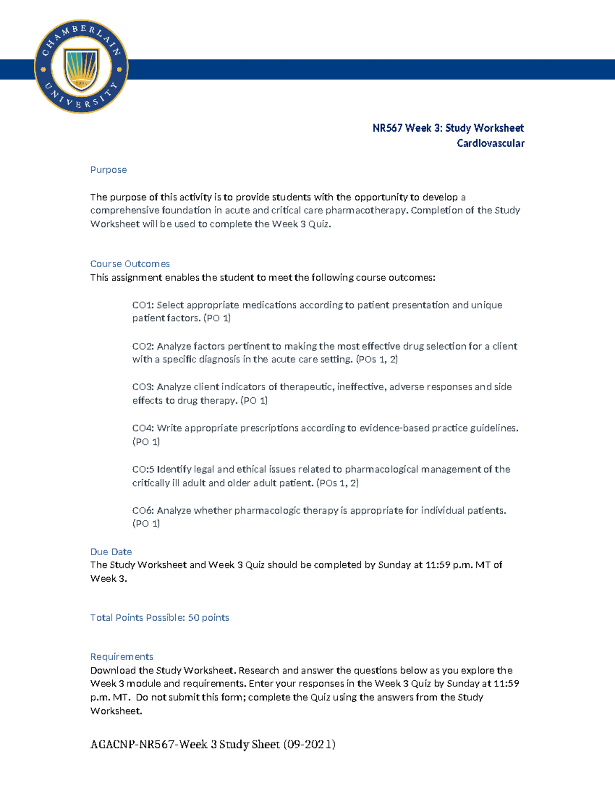 Week 3 Study Worksheet - NR567 Week 3: Study Worksheet Cardiovascular ...