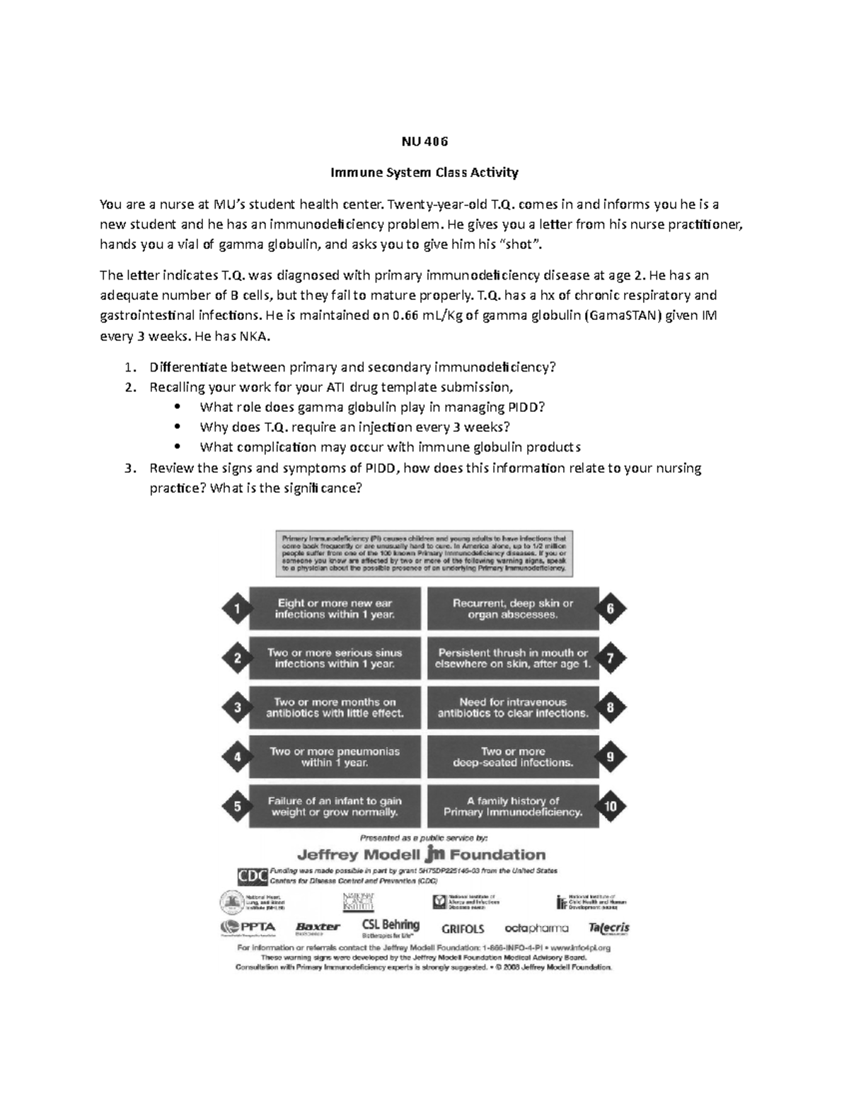 Immune System Class Activity s - NU 406 Immune System Class Activity ...