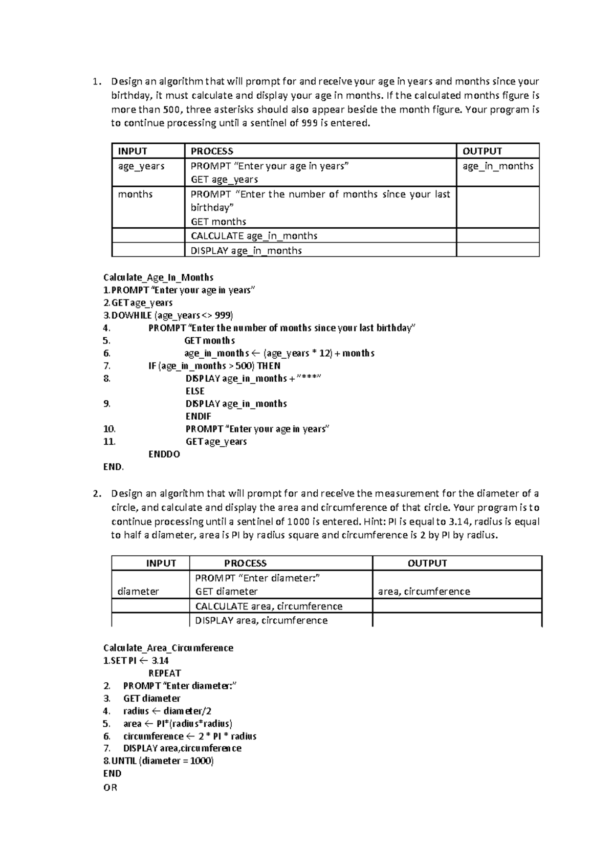 SU 6 Examples - su6 - 1. Design an algorithm that will prompt for and receive your age in years ...