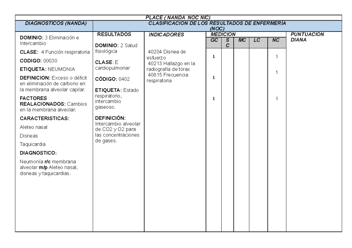 Intervecionen Nanda Nic y Noc - PLACE ( NANDA NOC NIC) DIAGNOSTICOS ...
