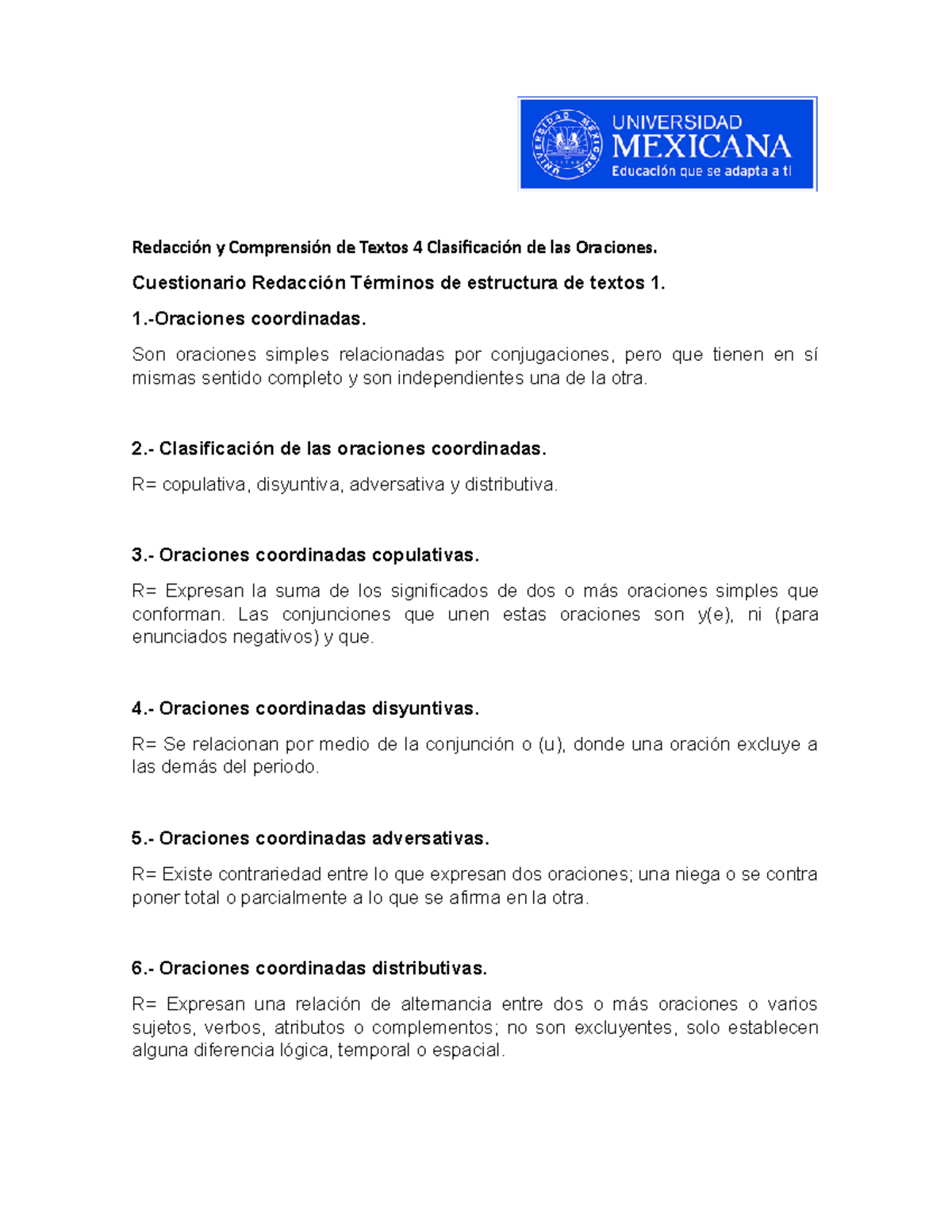 Clasificación de las Oraciones 4 - Cuestionario Redacción Términos de ...