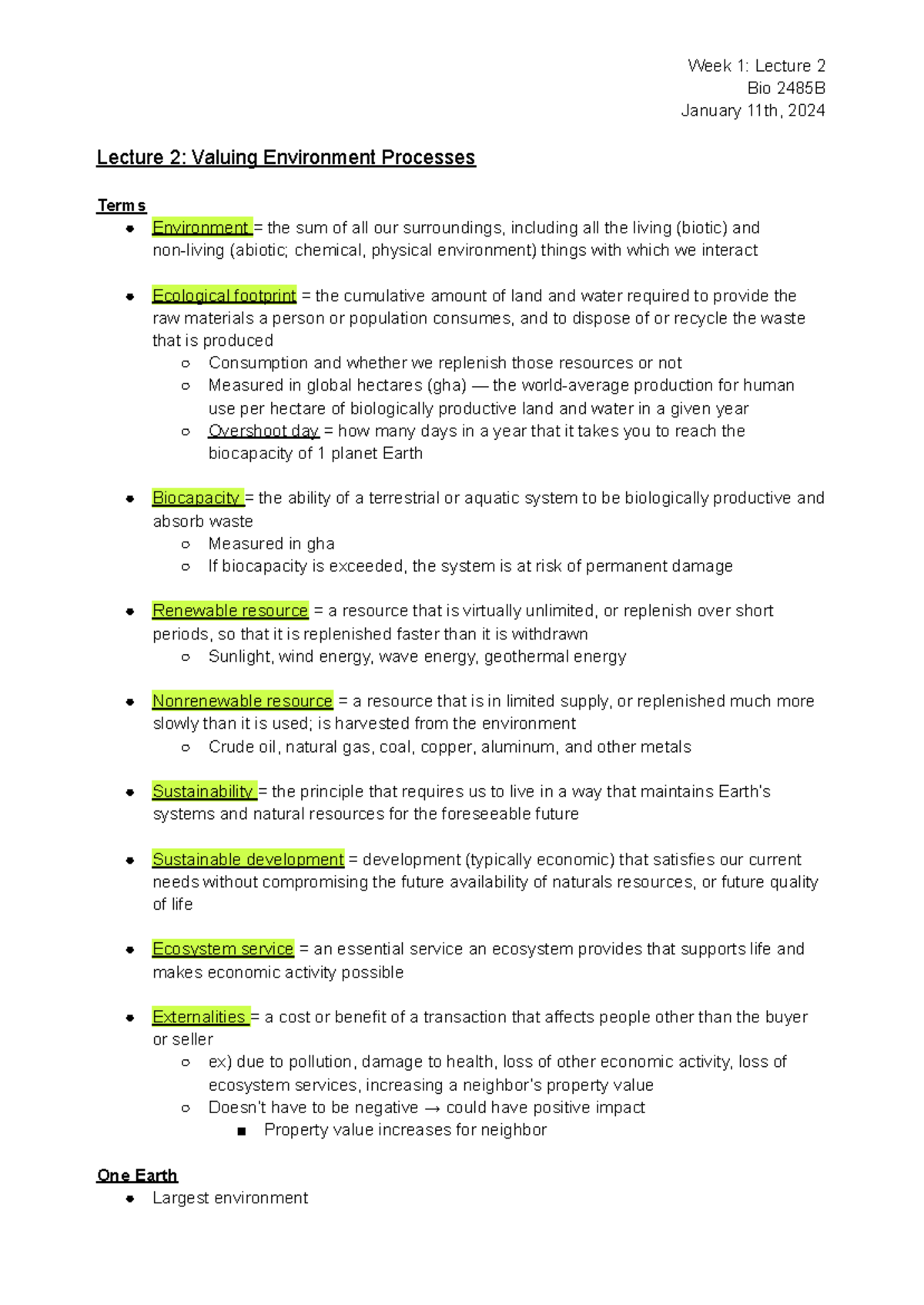 Lecture 2 - ENV BIOLOGY - Week 1: Lecture 2 Bio 2485B January 11th ...