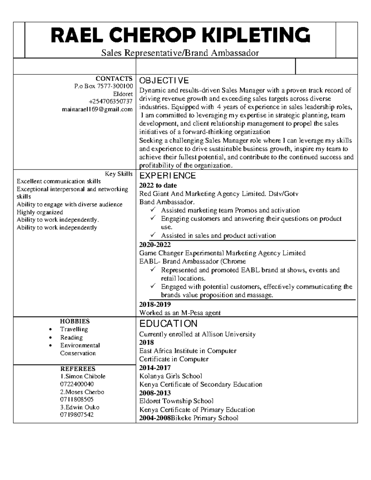 Rael Cherop Kipleting cv - RAEL CHEROP KIPLETING Sales Representative ...