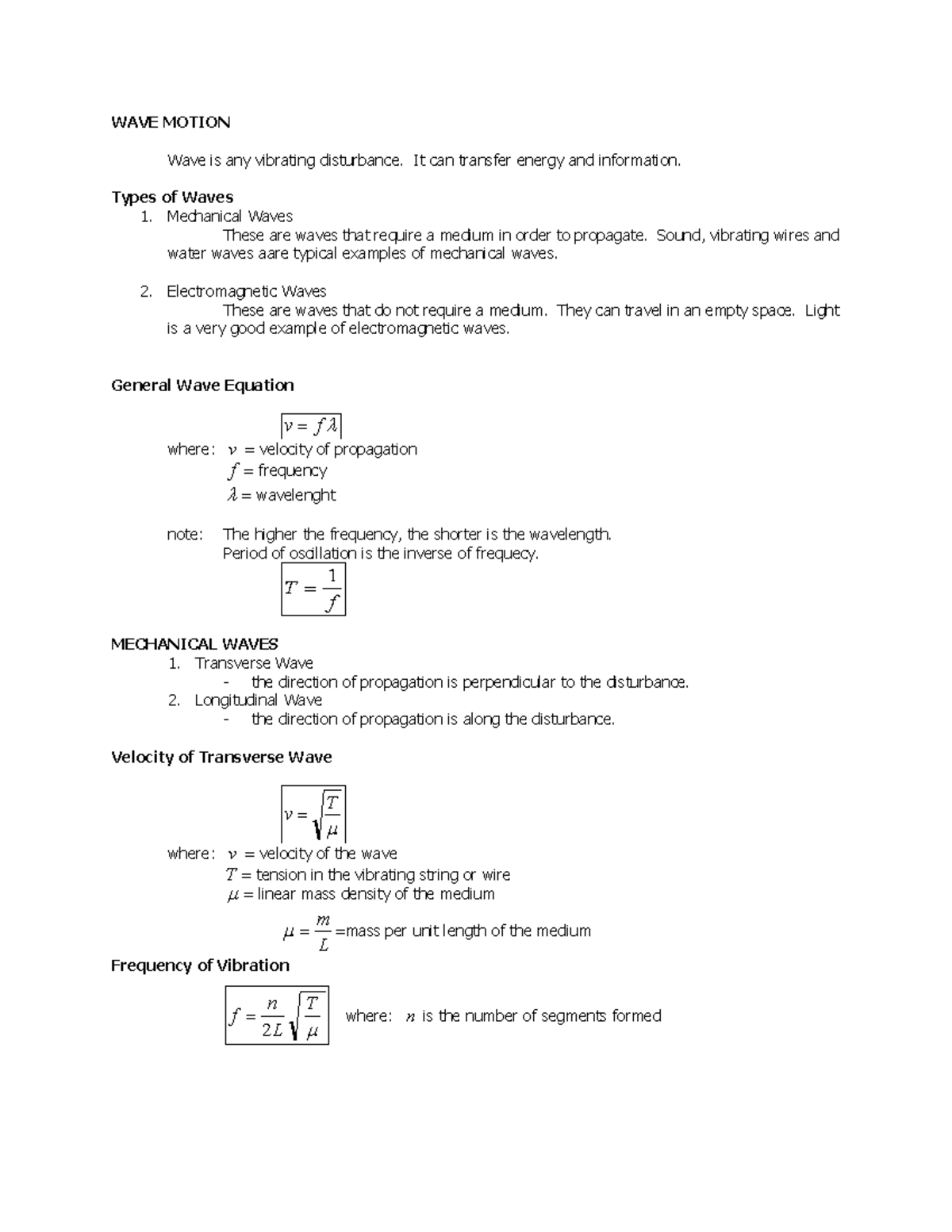Physics Wave Motion Lecture Outline Transverse and Longitudinal Waves ...