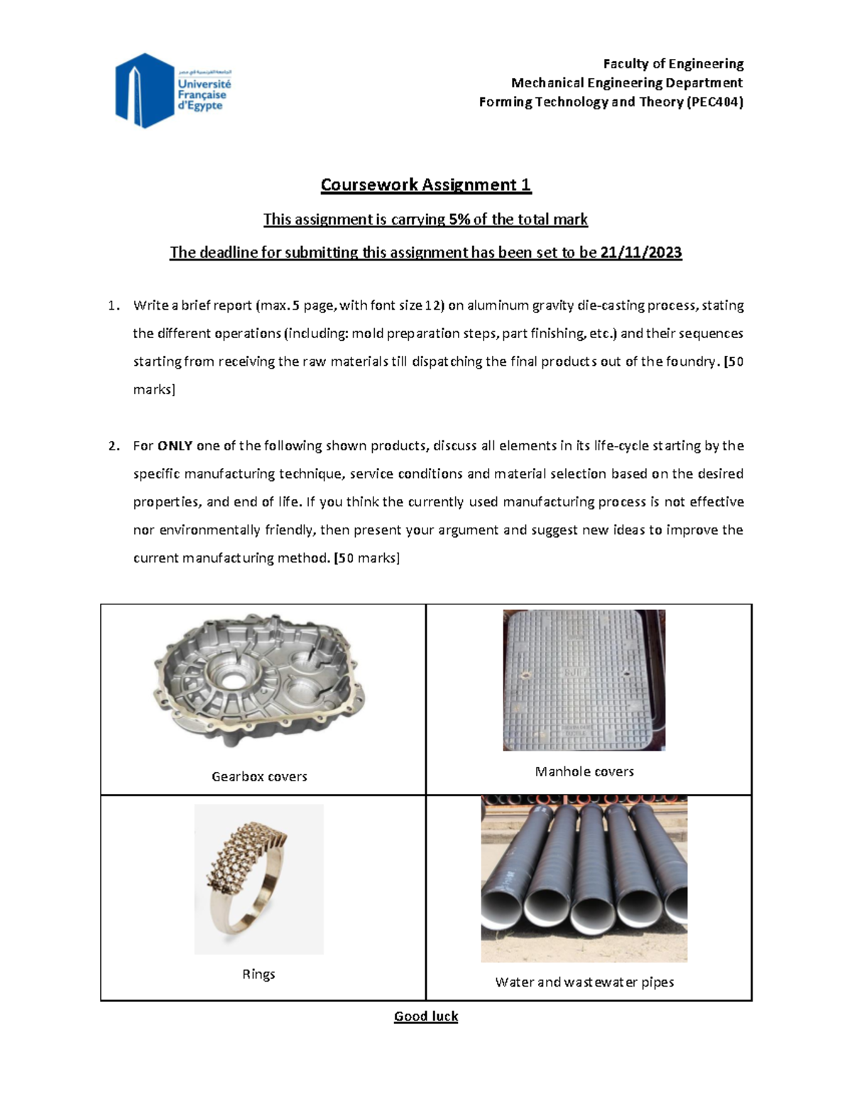 Assignment 1 - 5 page, with font size 12) on aluminum gravity die ...