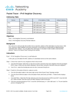 9.3.4 Packet Tracer - IPv6 Neighbor Discovery - Addressing Table ####### Device Interface IPv6 ...