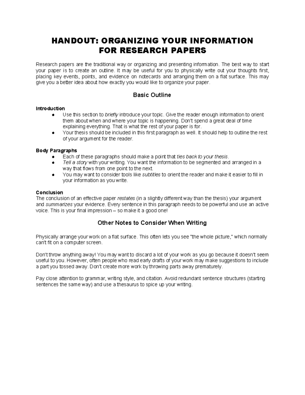Paper tips - HANDOUT: ORGANIZING YOUR INFORMATION FOR RESEARCH PAPERS ...