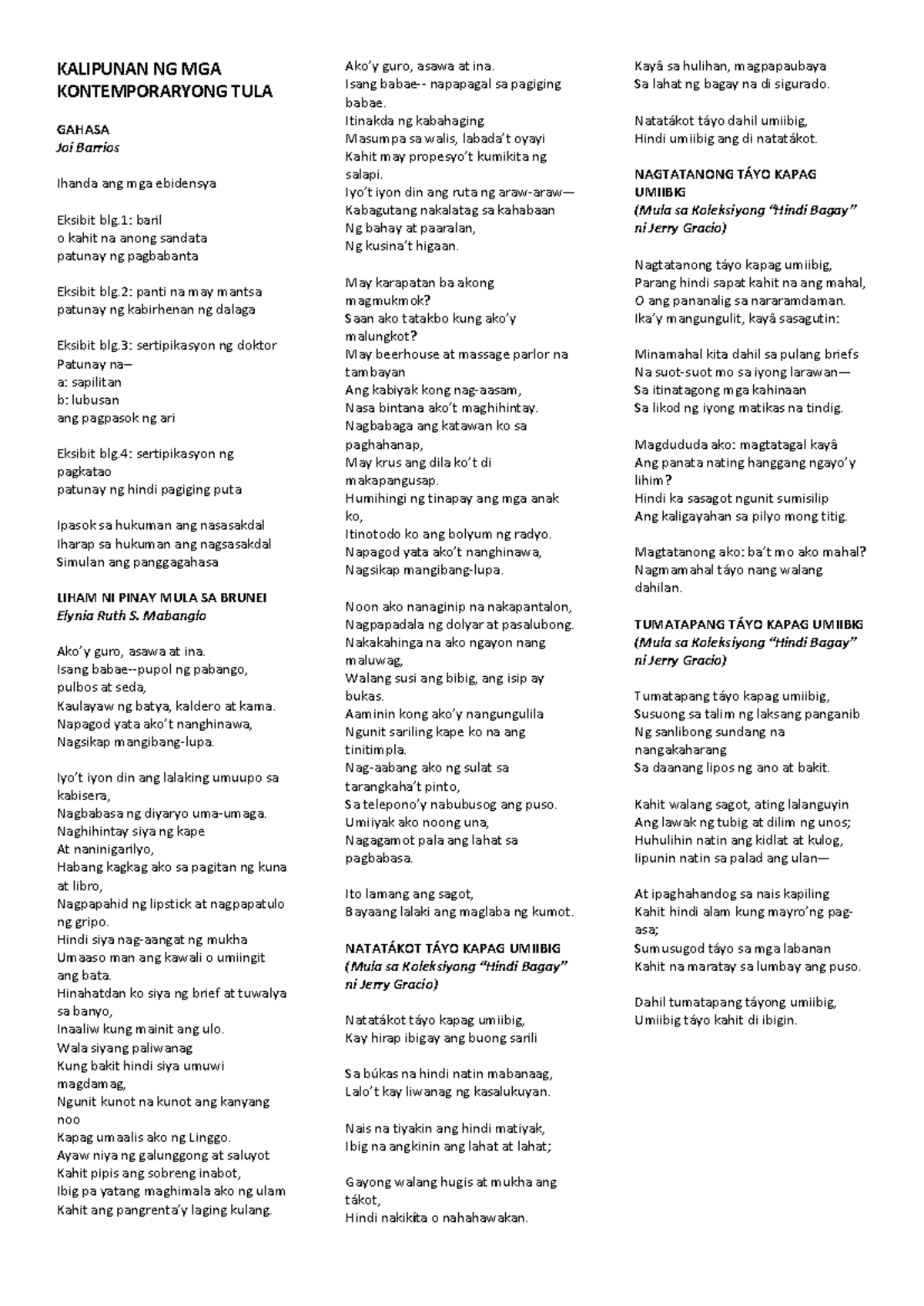 Lesson 6 - KALIPUNAN NG MGA KONTEMPORARYONG TULA GAHASA Joi Barrios ...