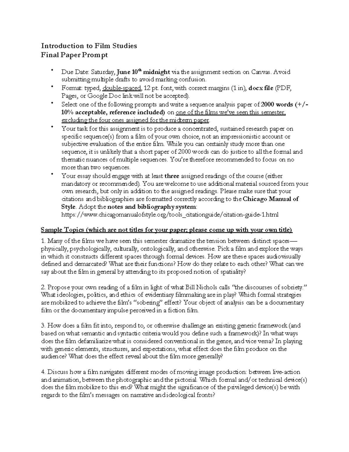 Final paper prompt - assigment - Introduction to Film Studies Final ...