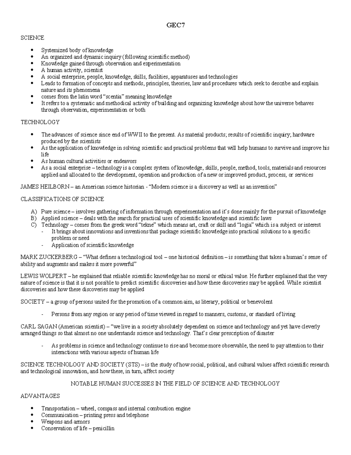 Science, Technology & Society (STS) Lecture Notes - GEC SCIENCE ...