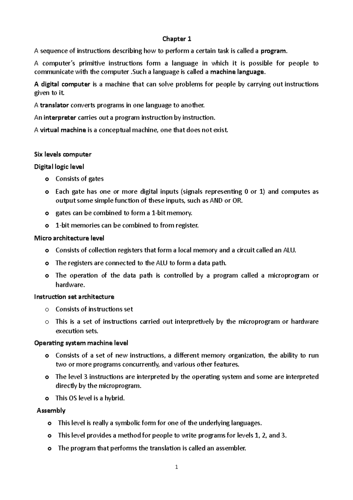 Chp1 - Lecture notes 1 - Chapter 1 A sequence of instructions ...