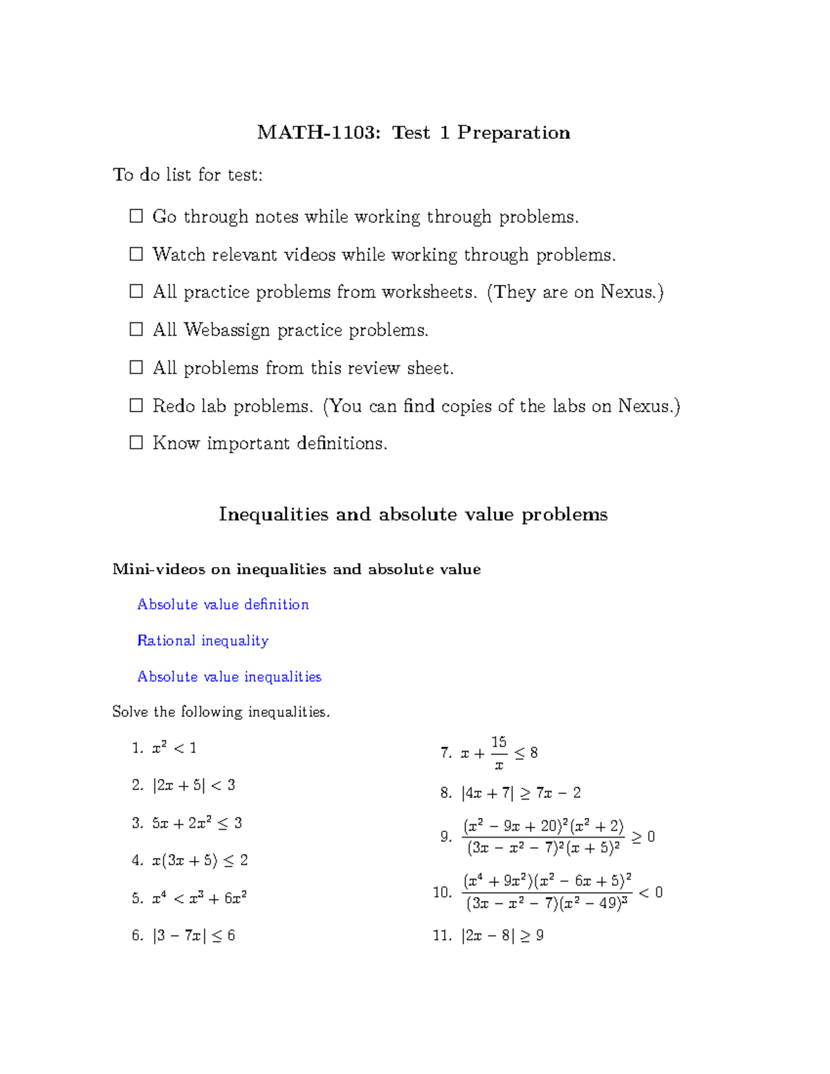Test 1 Practice Problems 2023[98] - MATH-1103: Test 1 Preparation To do ...
