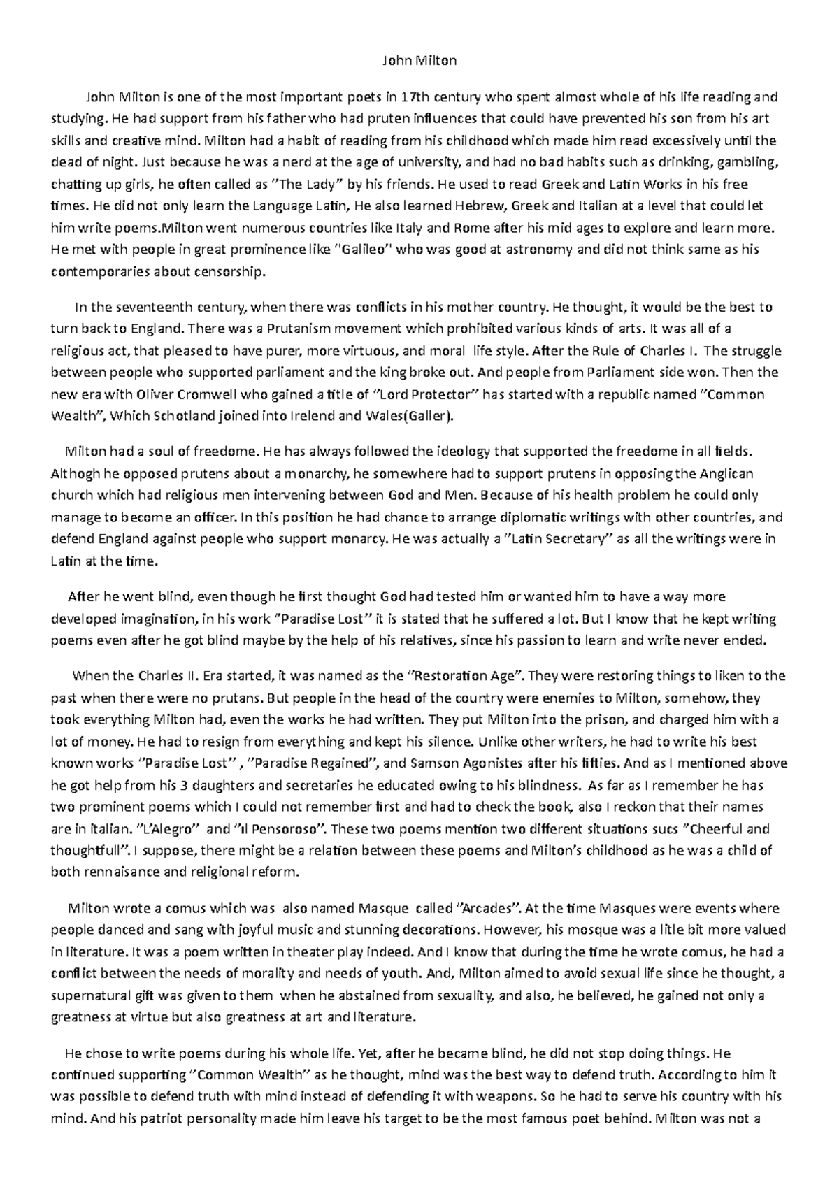 John Milton English Literature - John Milton John Milton is one of the ...